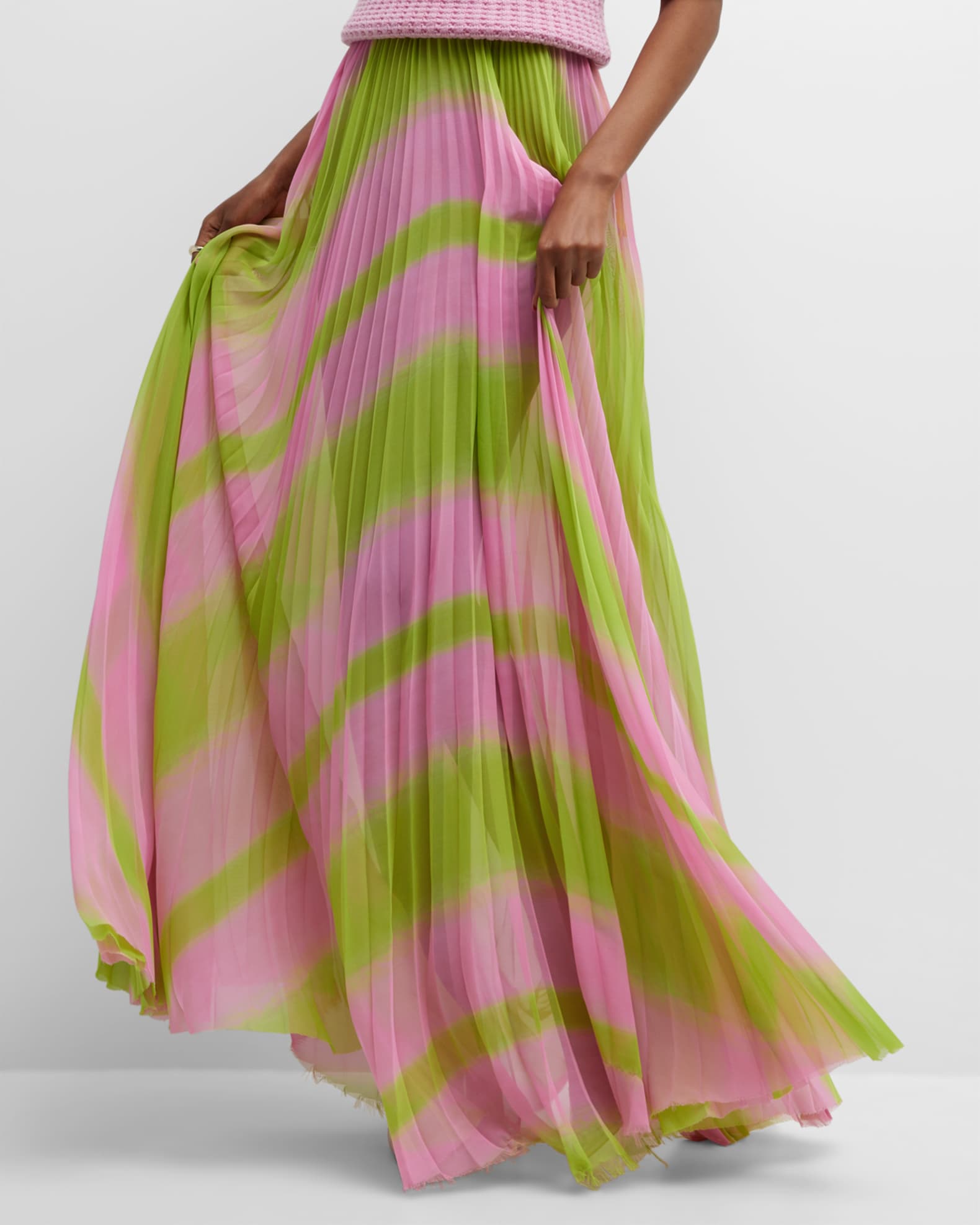 Brandon Maxwell Chevron-Print Pleated Chiffon Maxi Skirt | Neiman Marcus