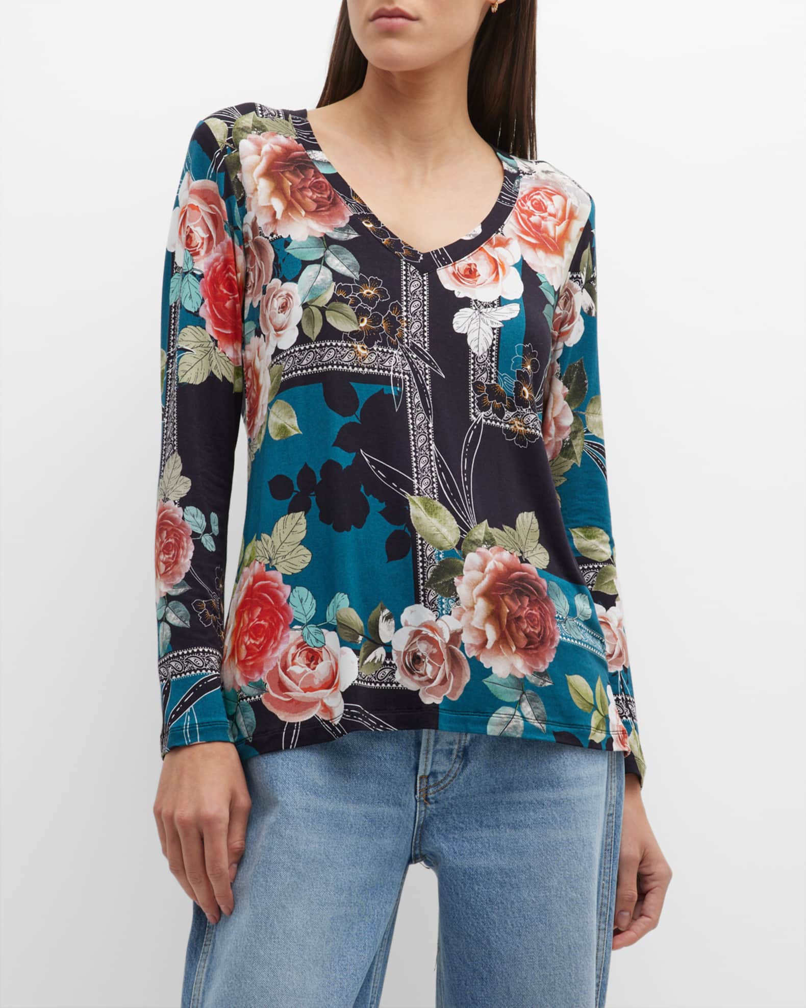Johnny Was Rosabel Rose Foulard-Print V-Neck Tee | Neiman Marcus