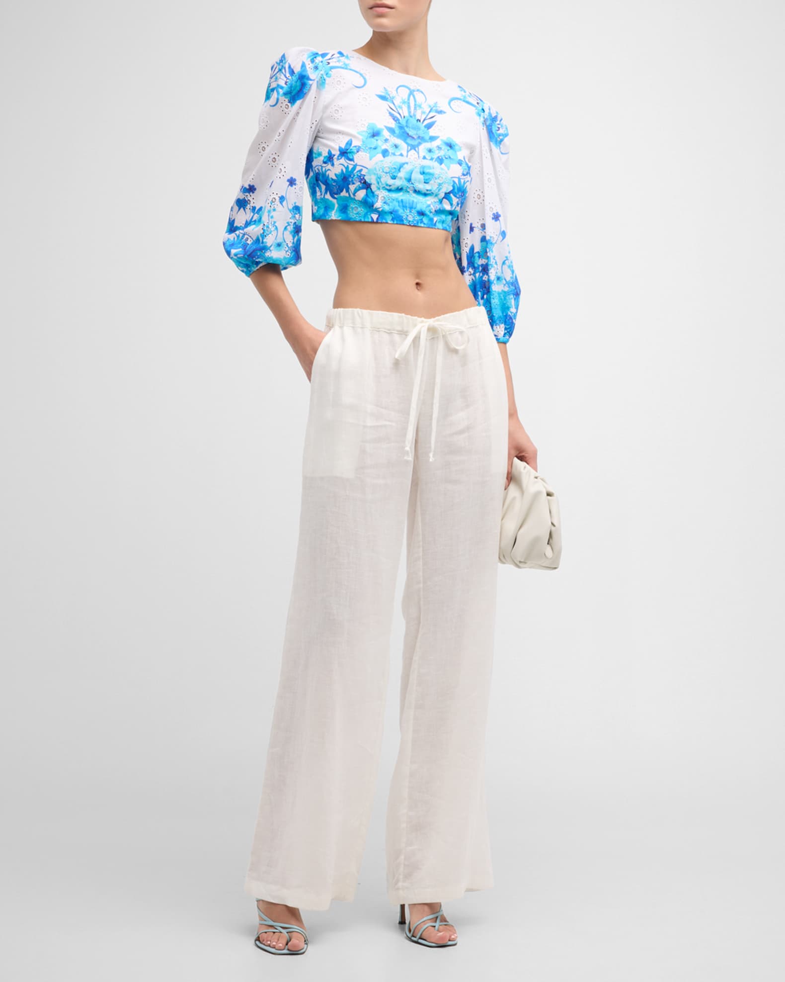 Borgo de Nor Rhea Broderie Anglaise Puff-Sleeve Crop Top | Neiman Marcus