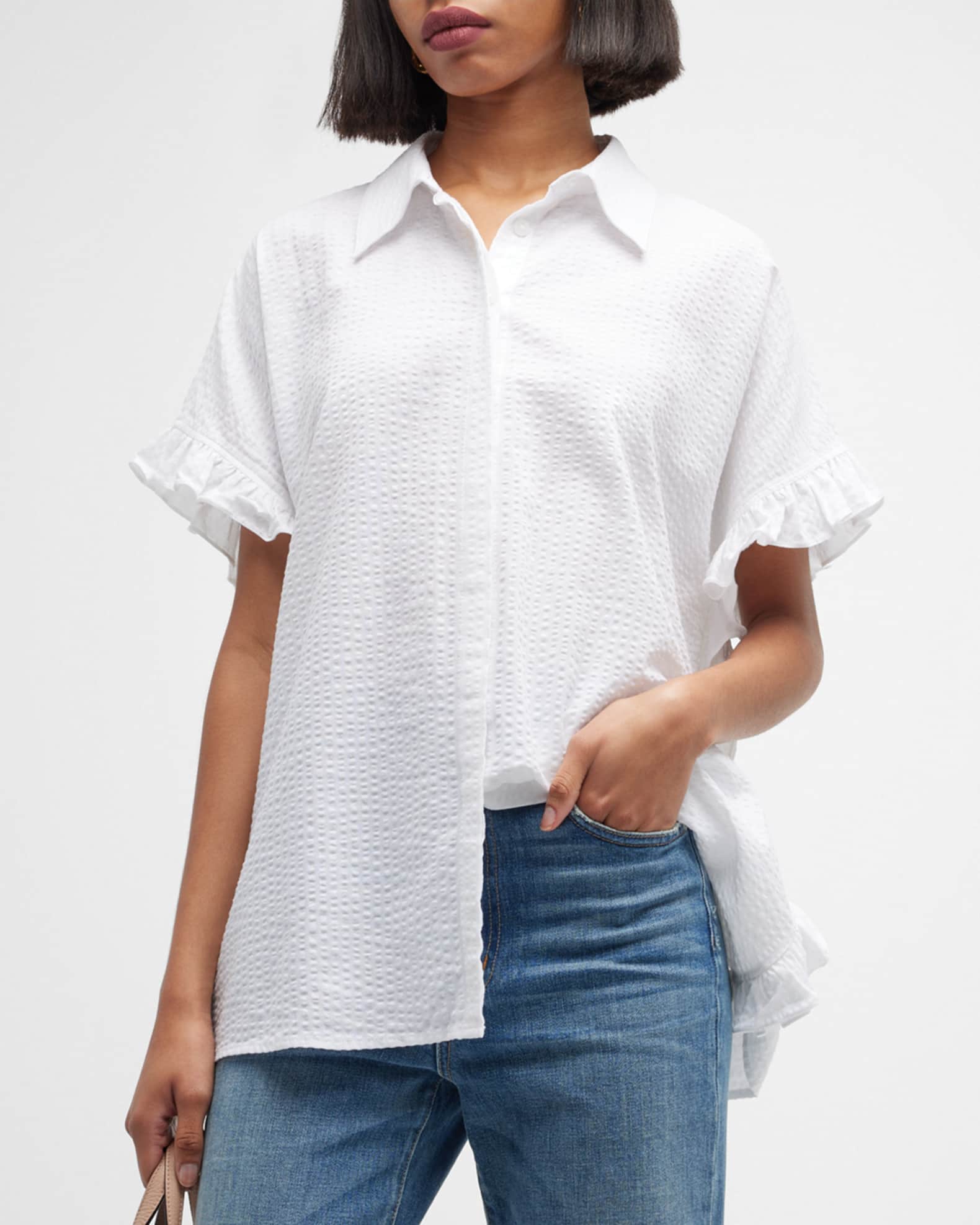 Harshman Darcy Seersucker Ruffle-Trim Shirt | Neiman Marcus