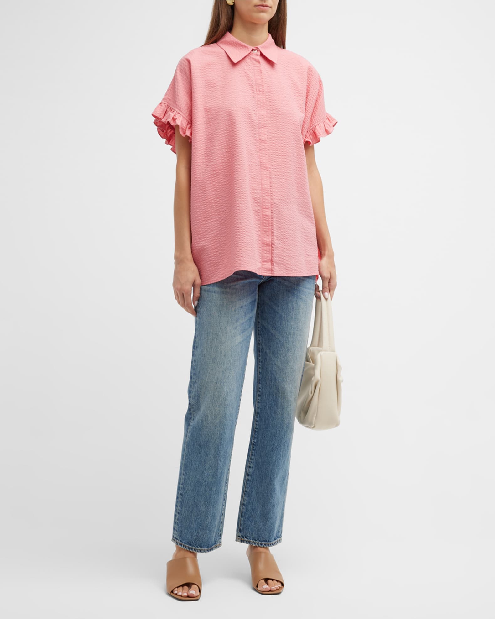 Harshman Darcy Seersucker Ruffle-Trim Shirt | Neiman Marcus
