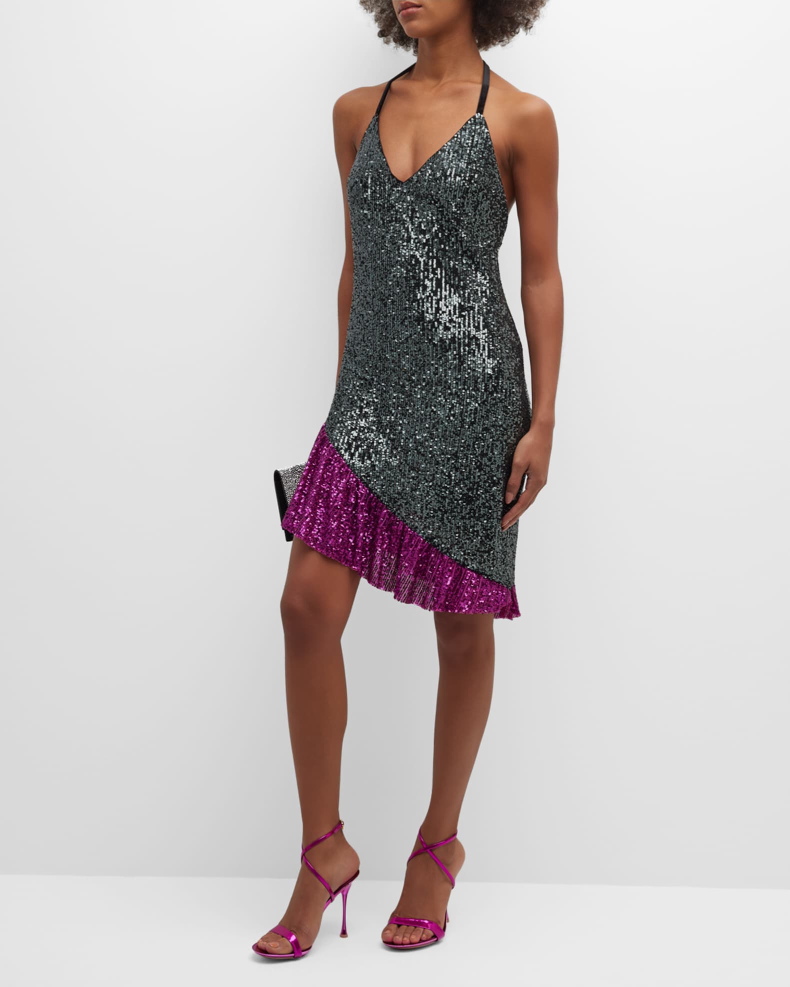 One33 Social Colorblock Sequin Halter Mini Dress | Neiman Marcus
