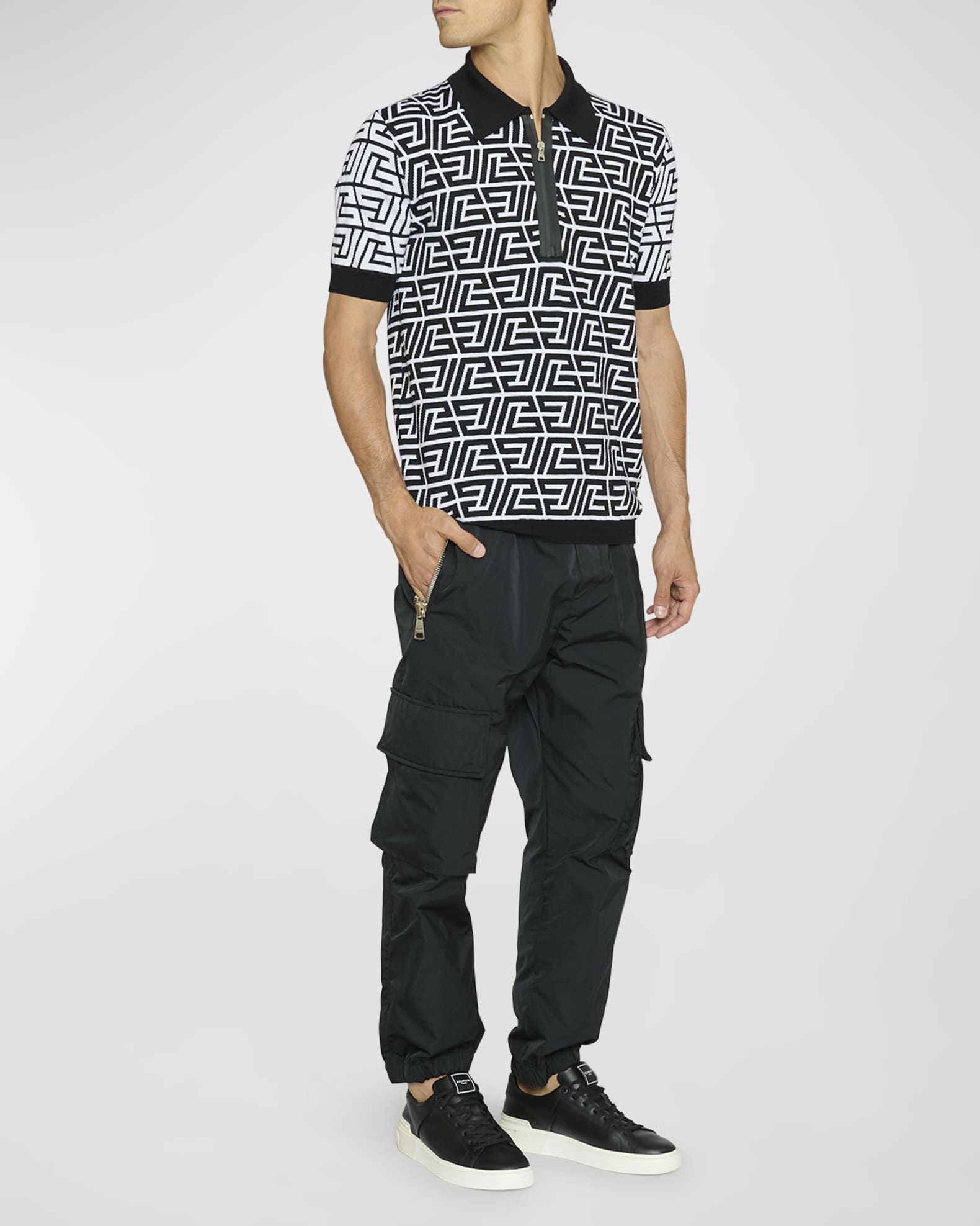 Balmain Men's Pyramid Monogram Knit Polo Shirt | Neiman Marcus