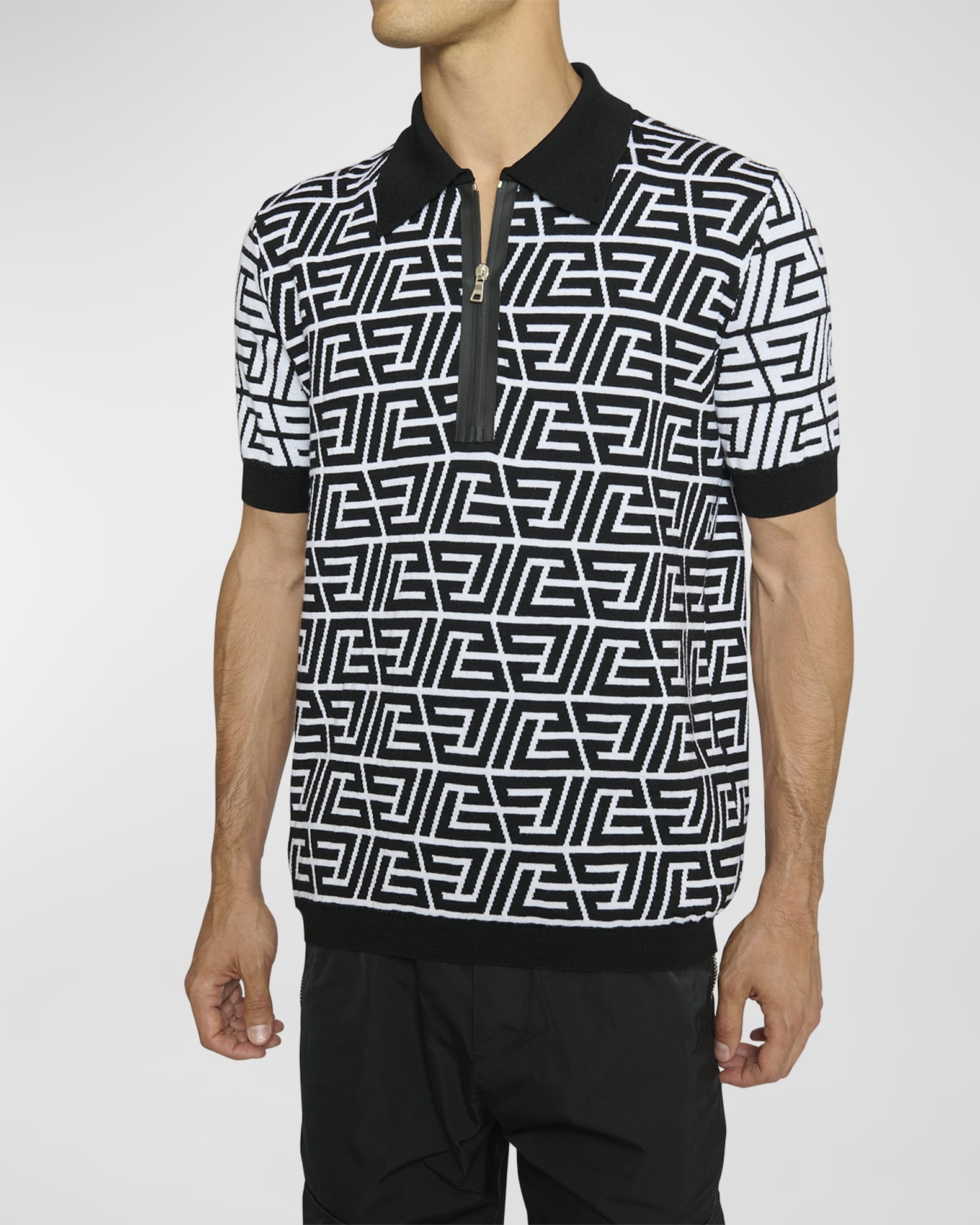 Balmain Men's Pyramid Monogram Knit Polo Shirt | Neiman Marcus
