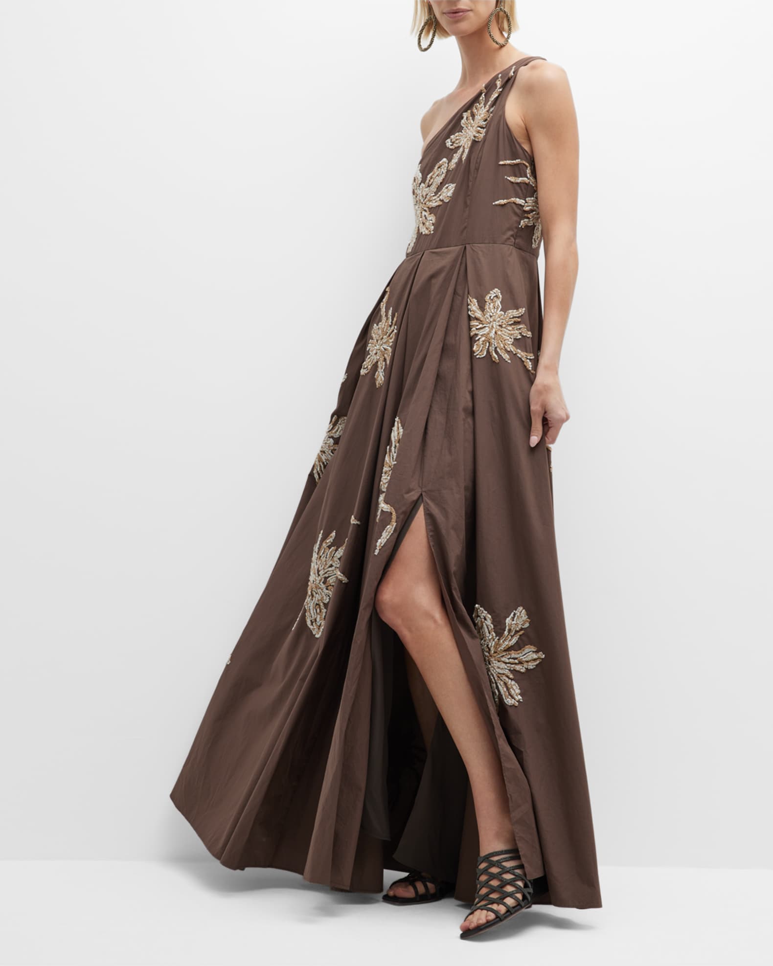 Brunello Cucinelli Crispy Cotton One-Shoulder Gown With Marine ...