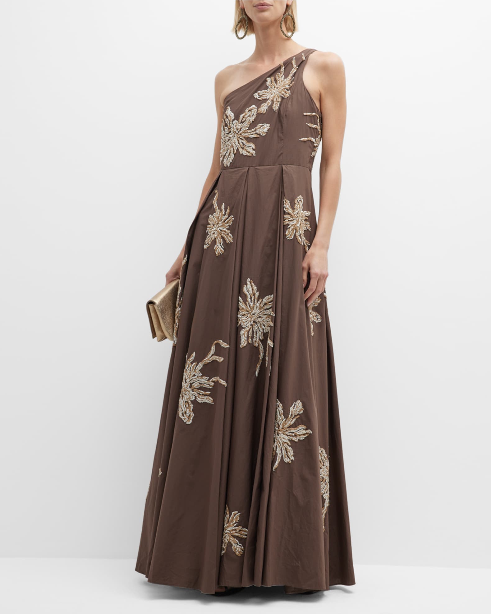 Brunello Cucinelli Crispy Cotton One-Shoulder Gown With Marine ...