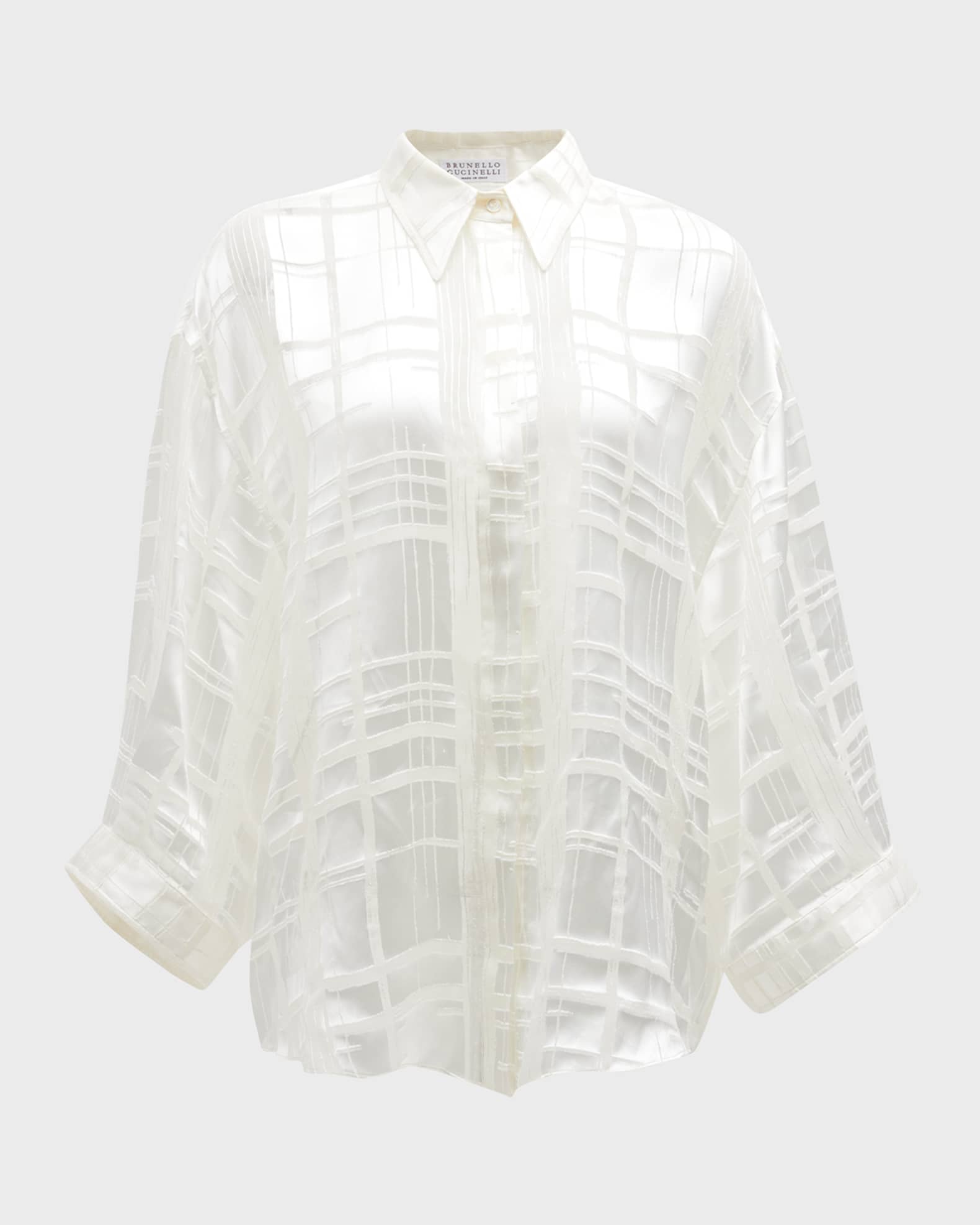 Brunello Cucinelli Organza Paint Stroke Print Button-Down Blouse ...