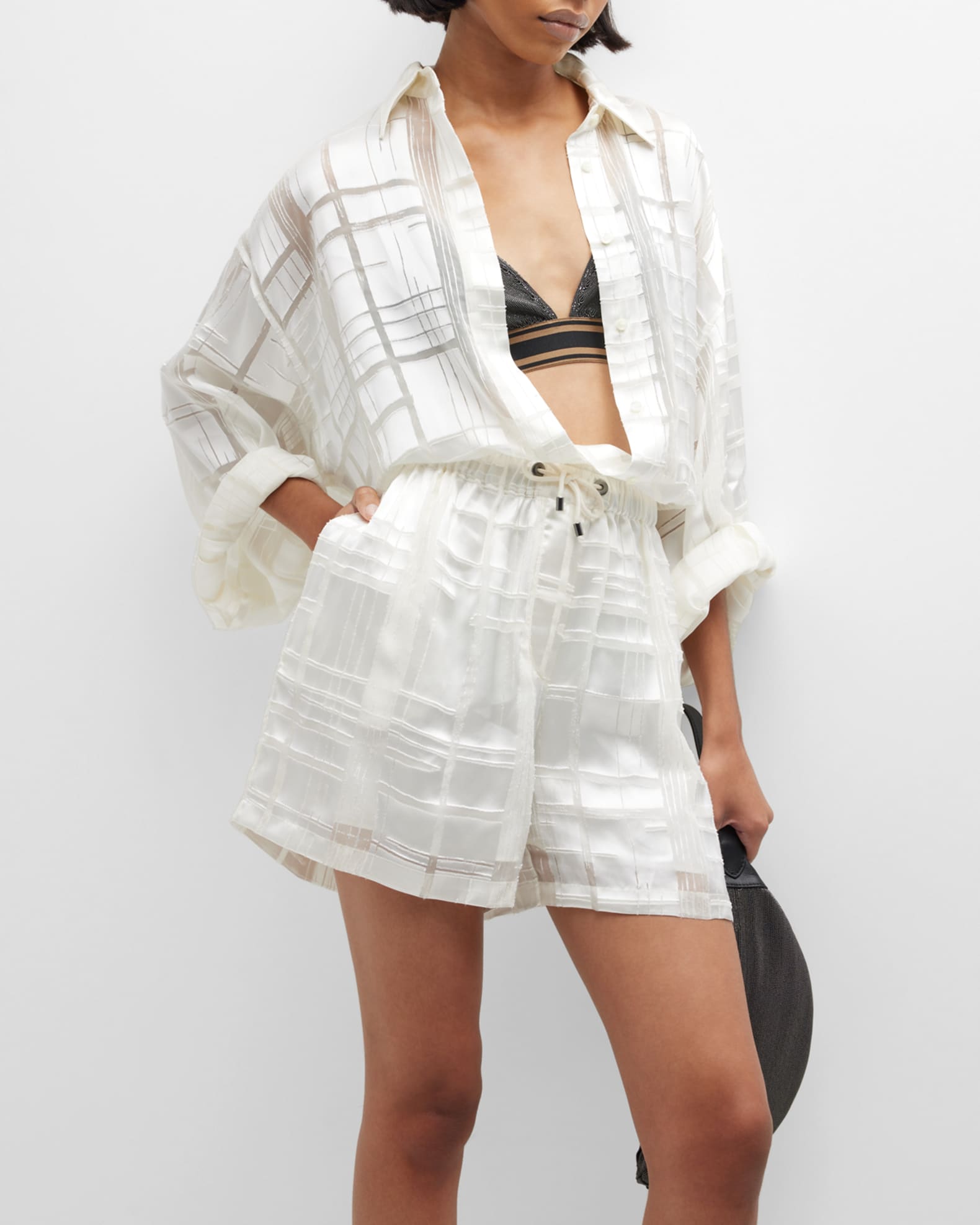 Brunello Cucinelli Organza Paint Stroke Print Button-Down Blouse ...