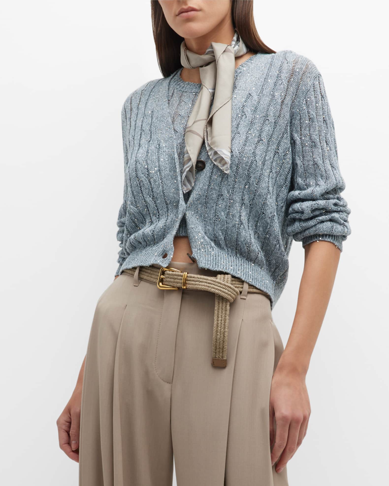 Brunello Cucinelli Linen Cable-Knit Cardigan with Paillette Detail ...