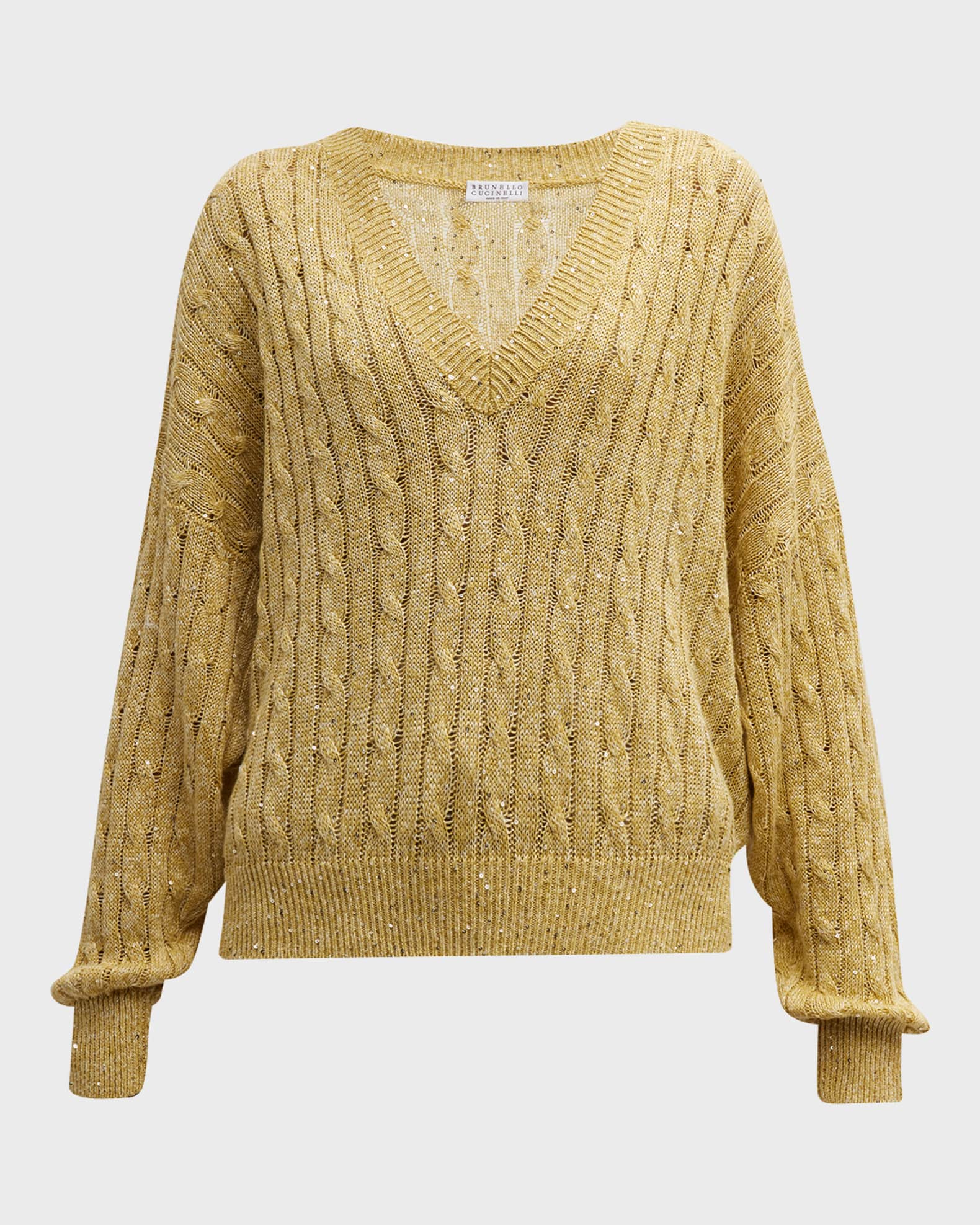Brunello Cucinelli Diamante Linen-Blend Cable Knit Sweater | Neiman Marcus