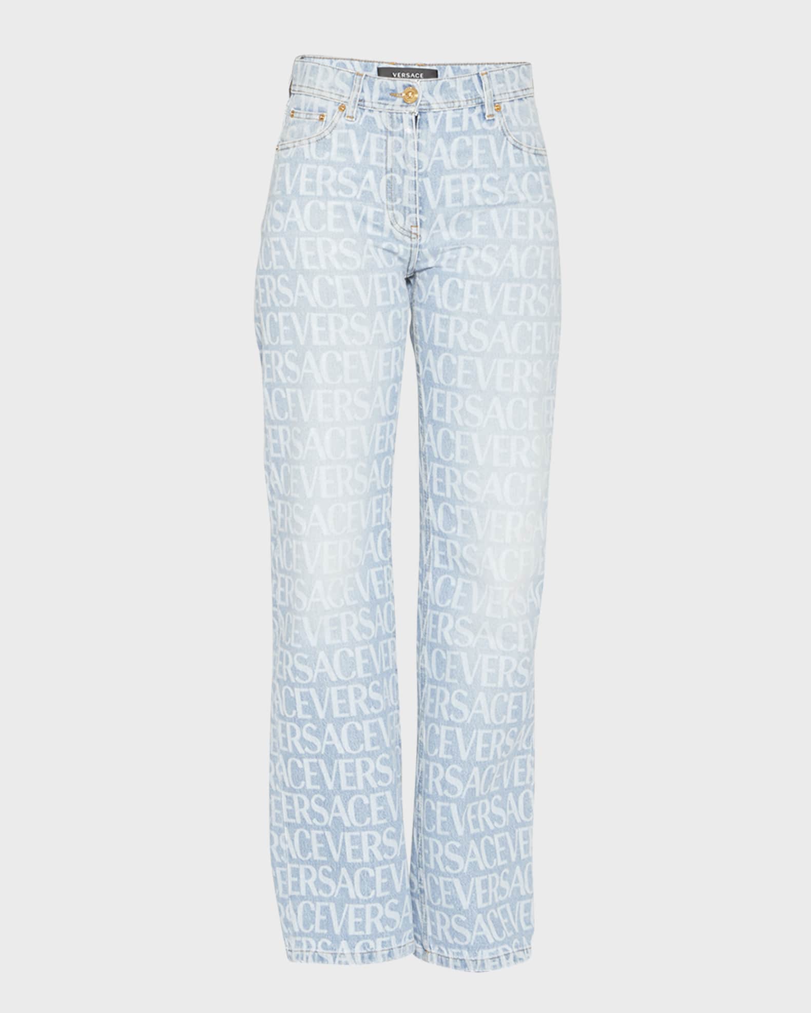 Versace Logo-Print Straight-Leg Denim Pants | Neiman Marcus
