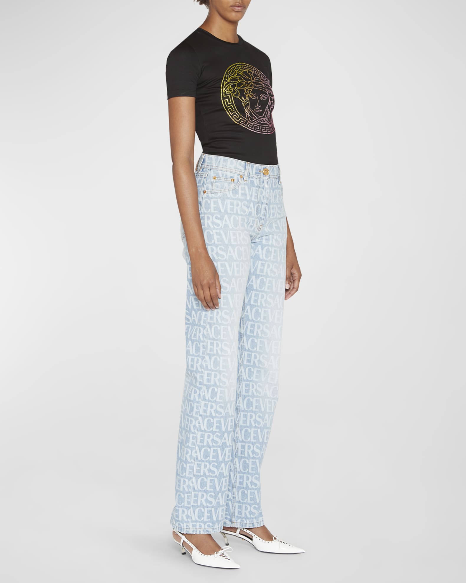 Versace Logo-Print Straight-Leg Denim Pants | Neiman Marcus