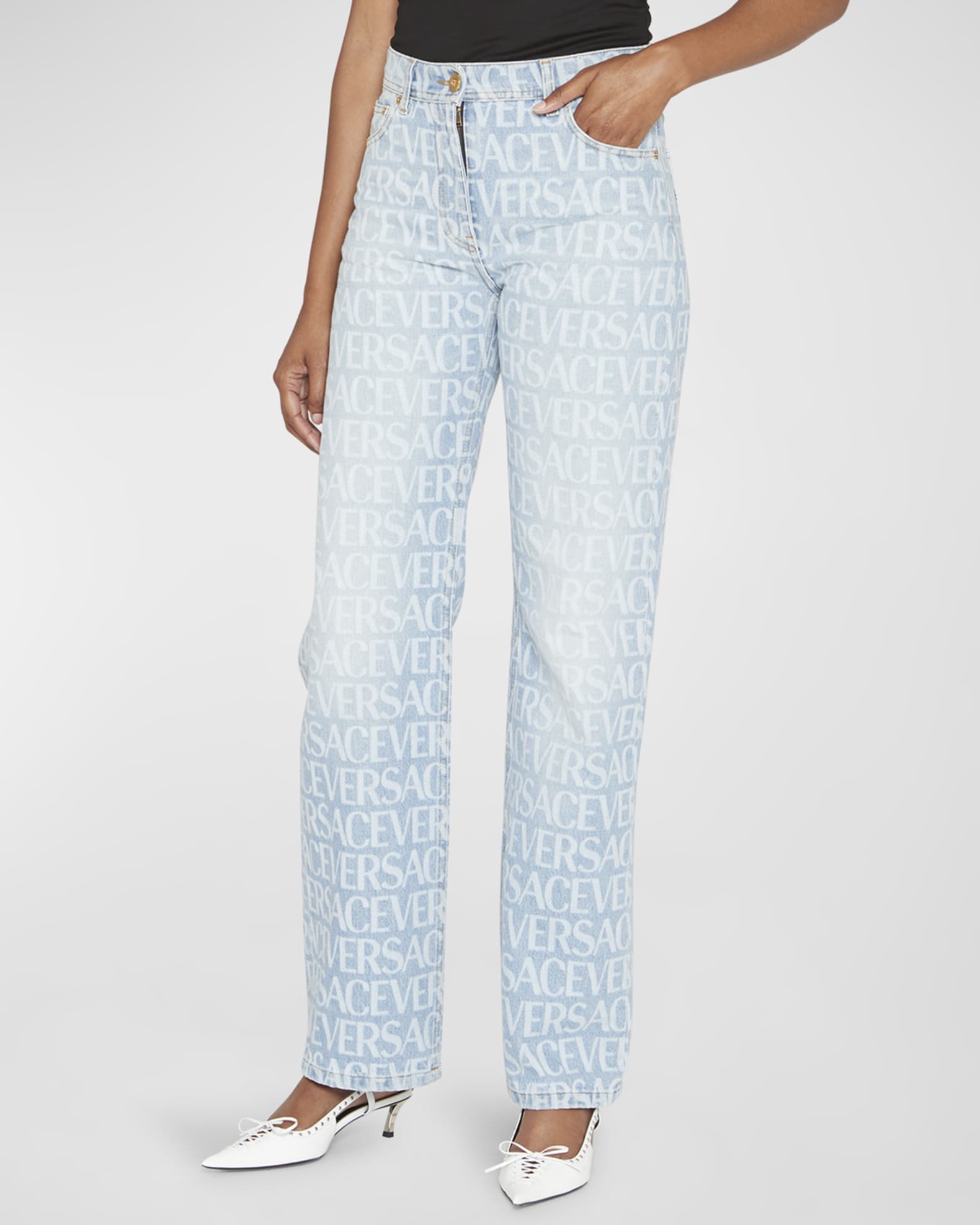 Versace Logo-Print Straight-Leg Denim Pants | Neiman Marcus
