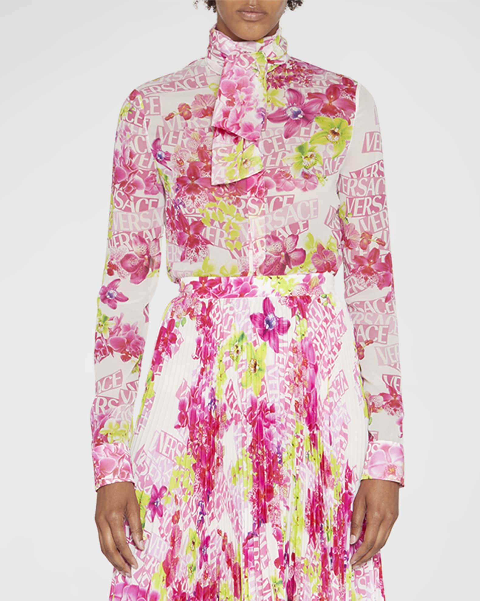 Versace Orchid Logo Print Scarf-Neck Silk Blouse | Neiman Marcus