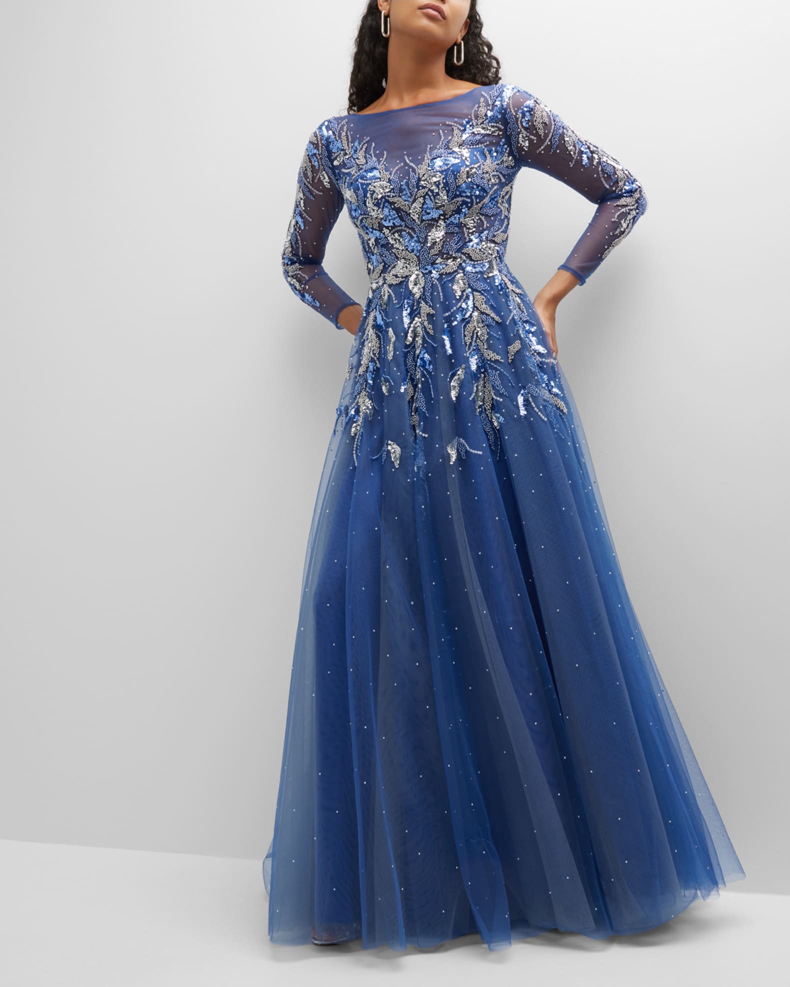 Basix Floral Beaded Sequin A-Line Gown | Neiman Marcus