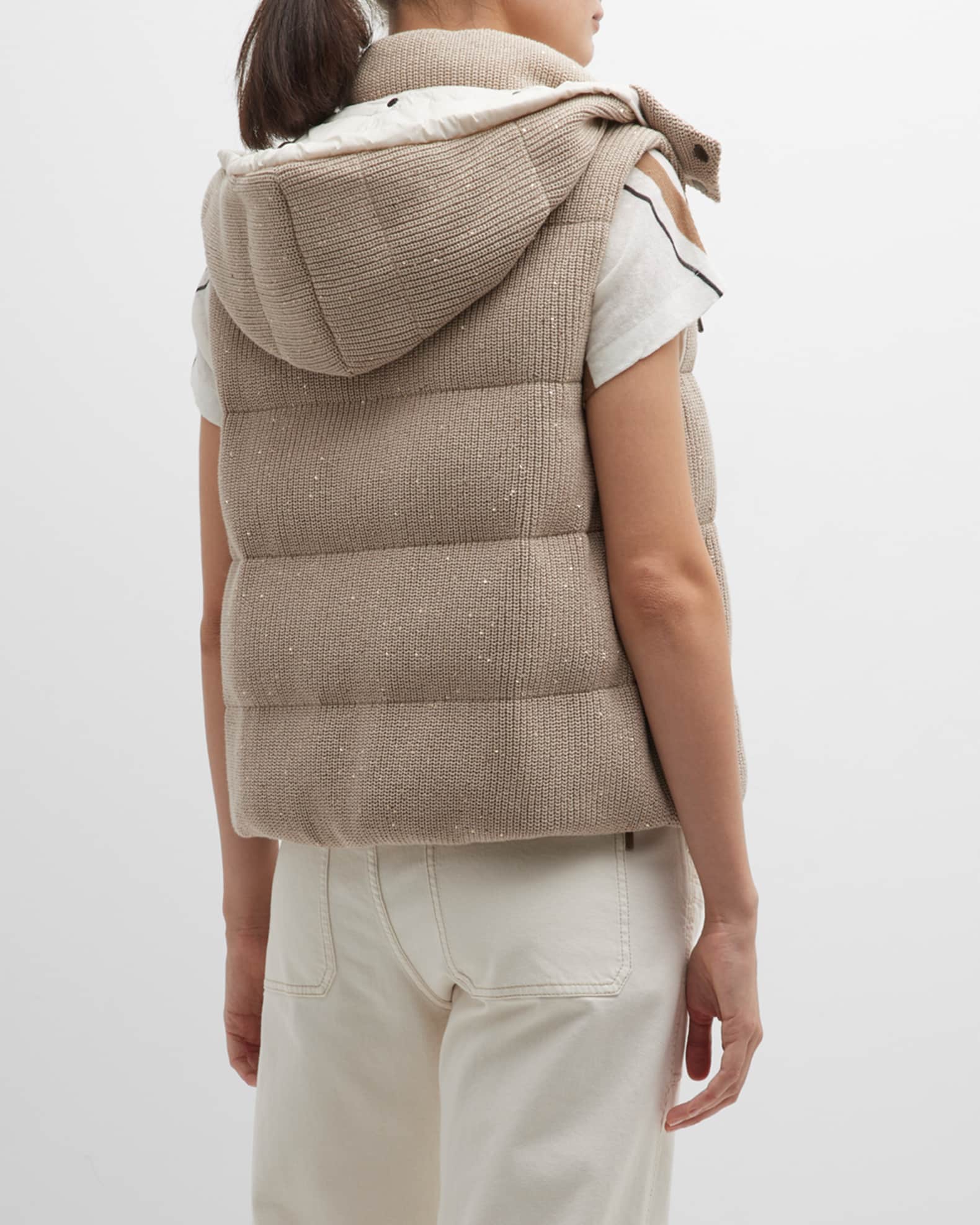 Brunello Cucinelli Monili-Trim Paillette English Rib Puffer Vest w ...