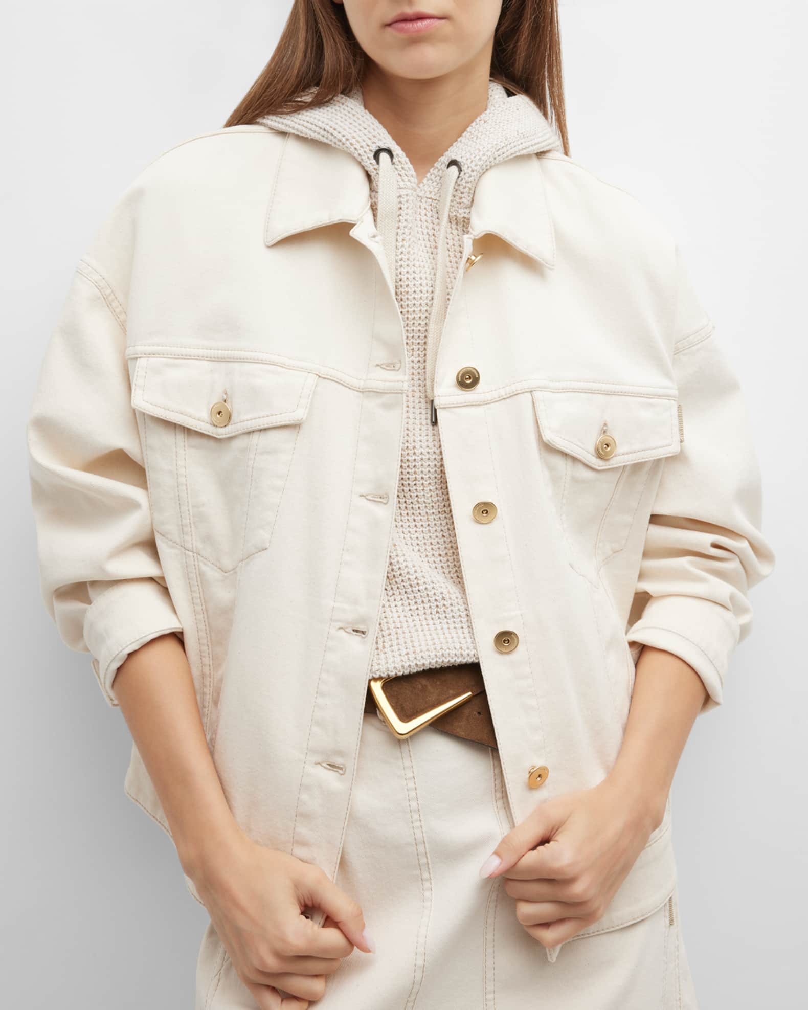 Brunello Cucinelli Monili-Tag Oversized Denim Jacket | Neiman Marcus