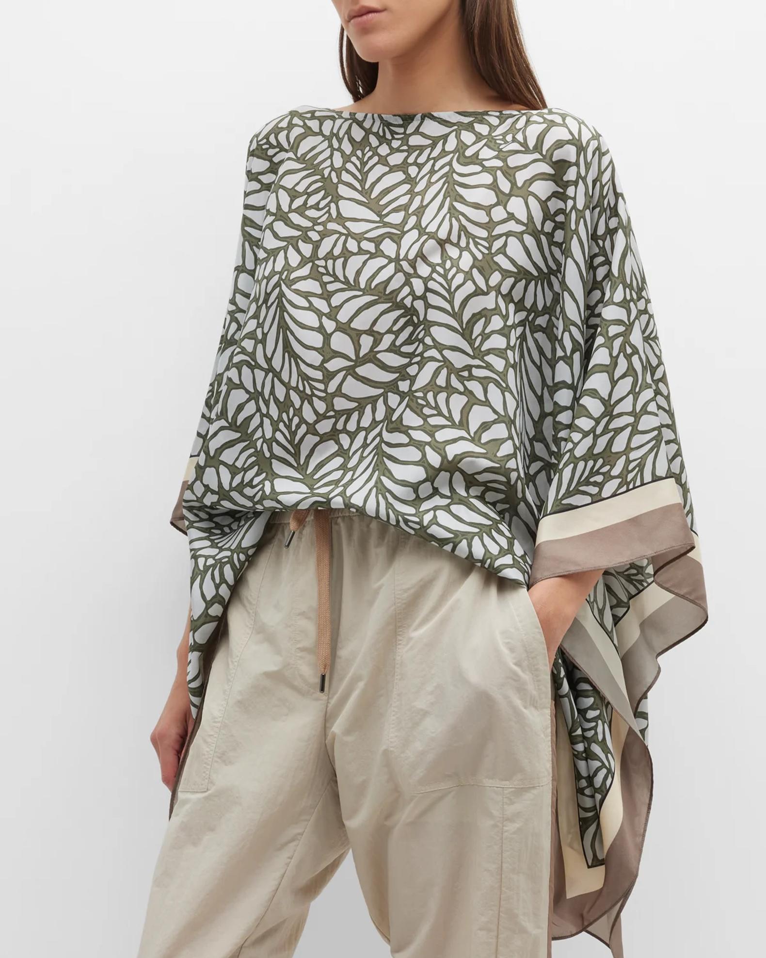 Brunello Cucinelli Botanical-Print Monili-Trim Pongee Silk Poncho ...