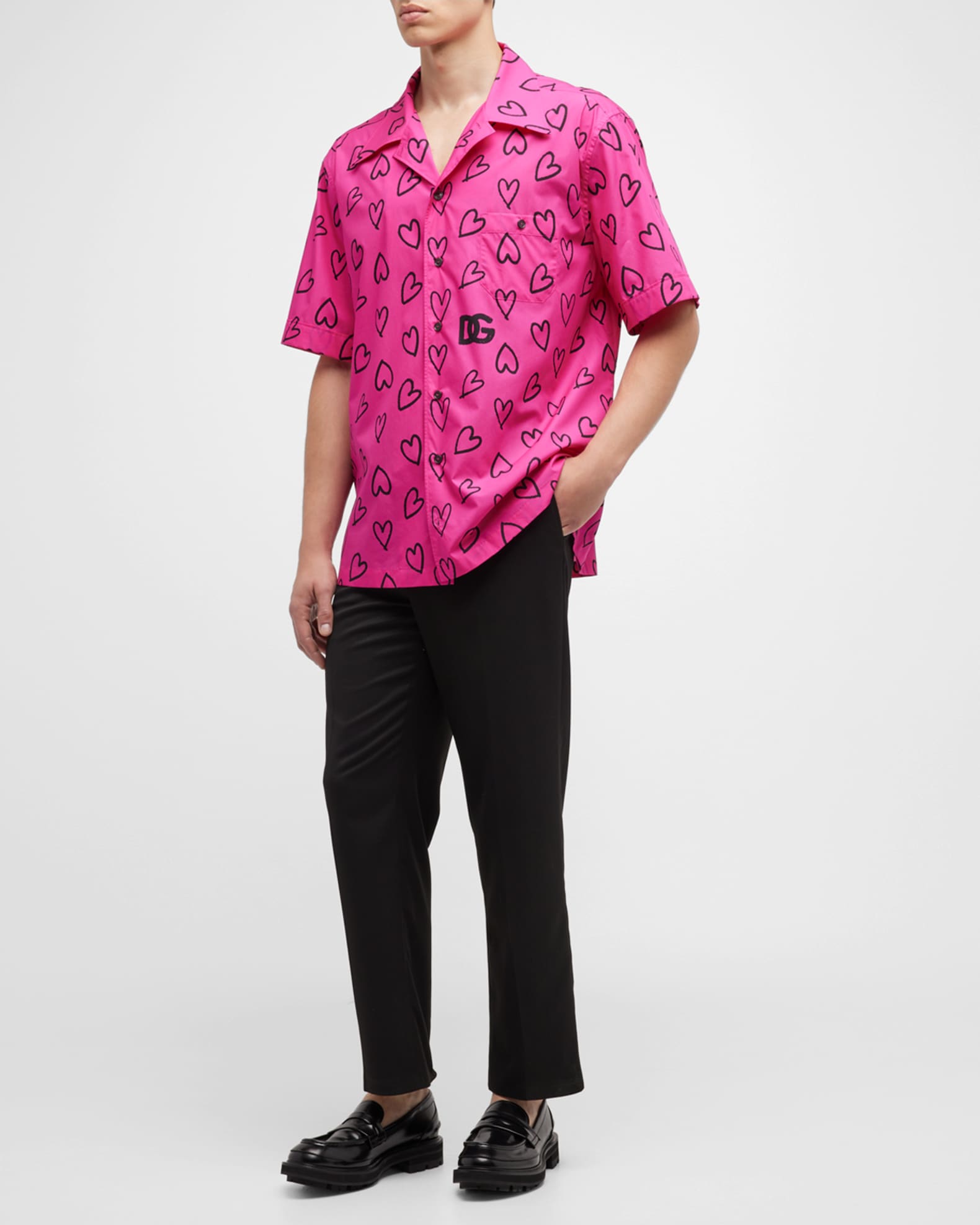 Dolce&Gabbana Men's DG Heart-Print Camp Shirt | Neiman Marcus