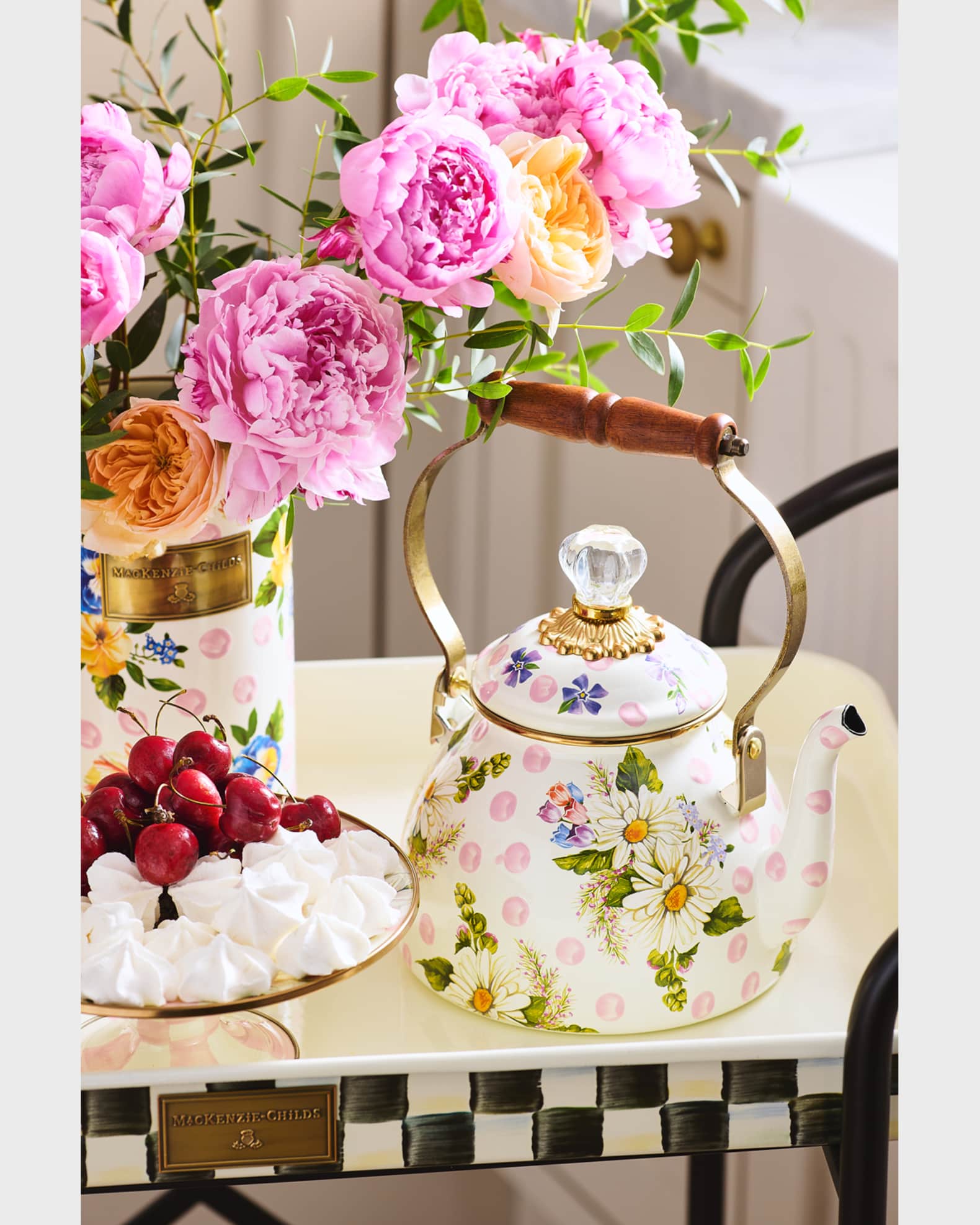 MacKenzie-Childs Wildflowers Pink Enamel 2-Quart Tea Kettle | Neiman Marcus