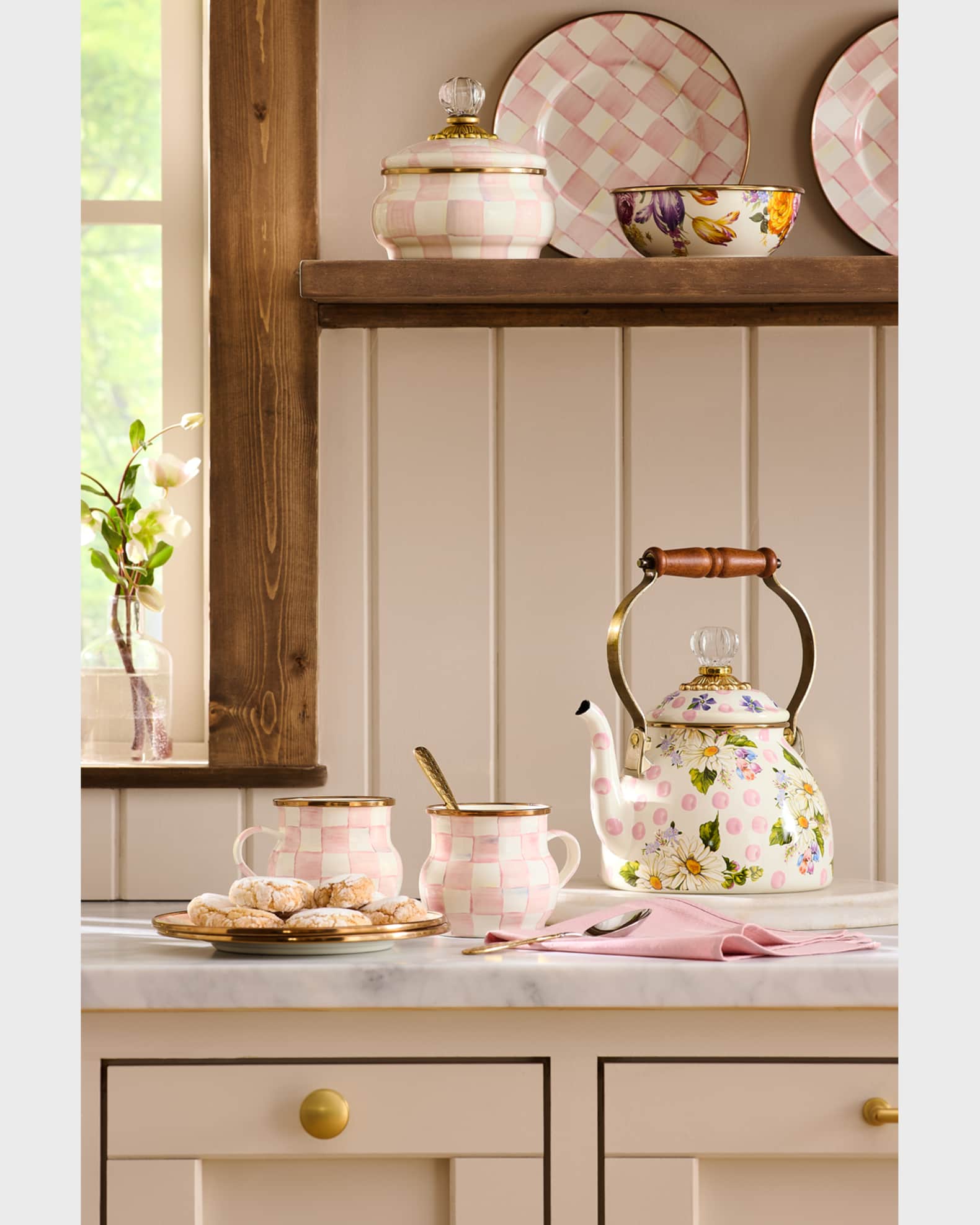 MacKenzie-Childs Wildflowers Pink Enamel 2-Quart Tea Kettle | Neiman Marcus