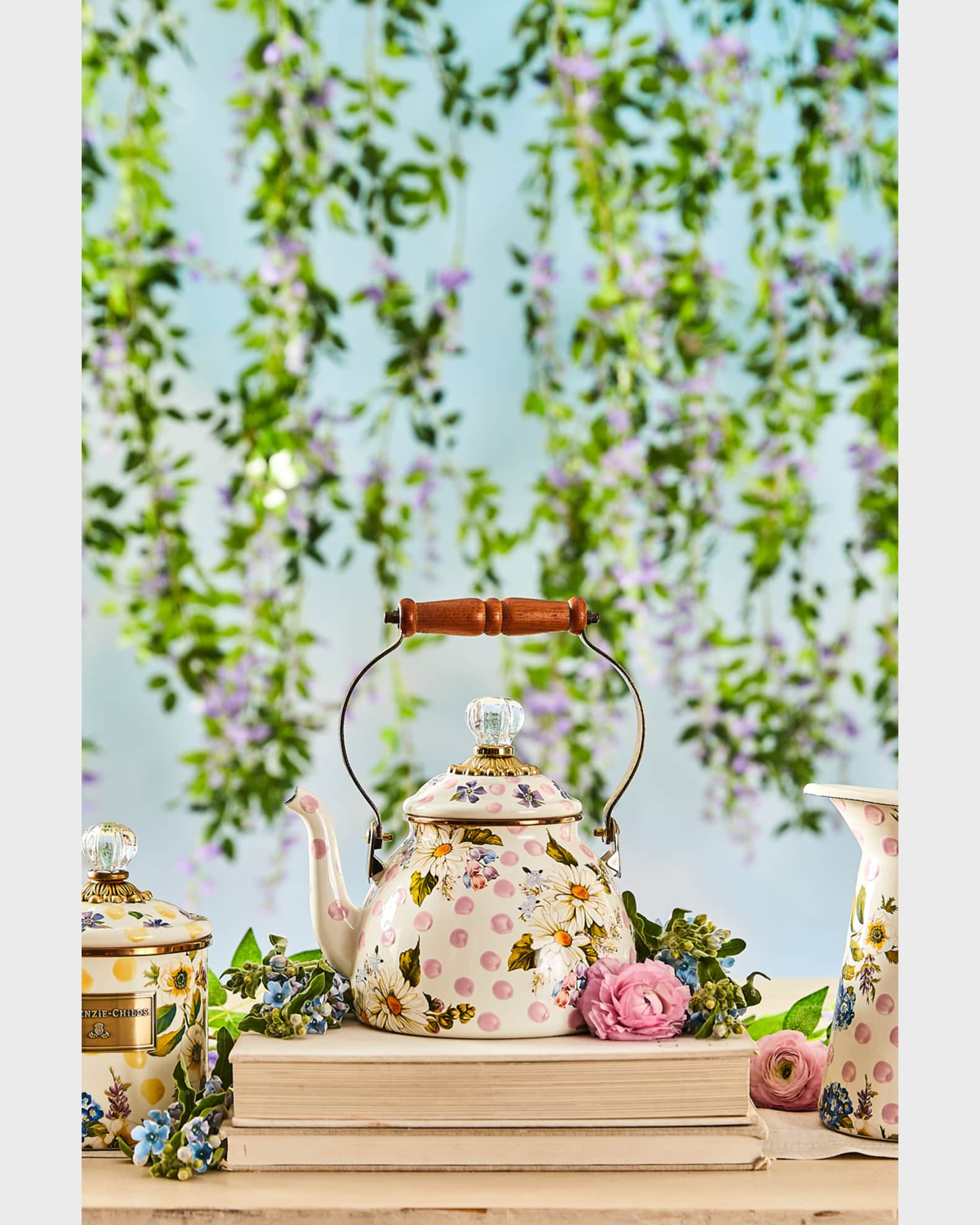 MacKenzie-Childs Wildflowers Pink Enamel 2-Quart Tea Kettle | Neiman Marcus