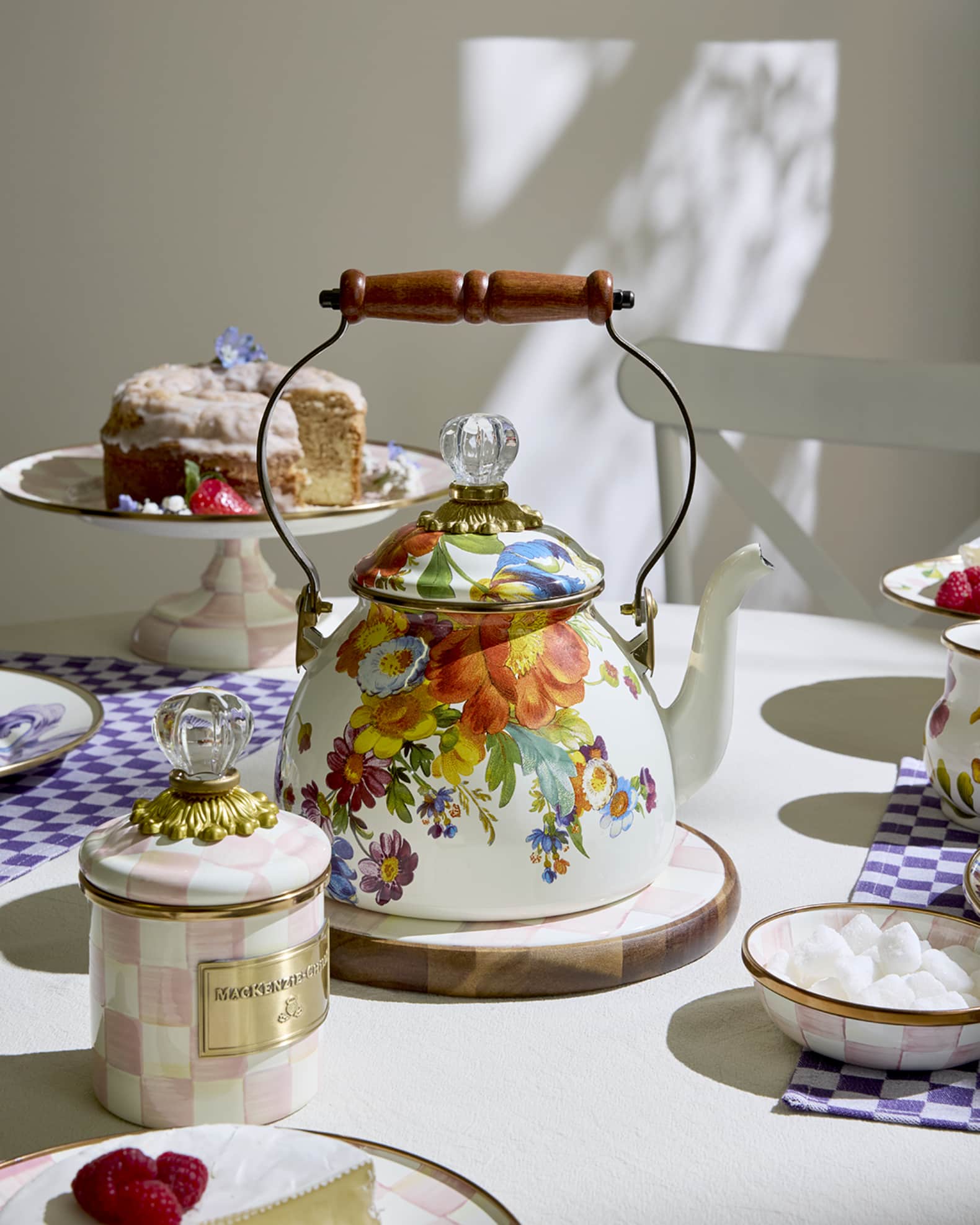 MacKenzie-Childs Wildflowers Pink Enamel 2-Quart Tea Kettle | Neiman Marcus