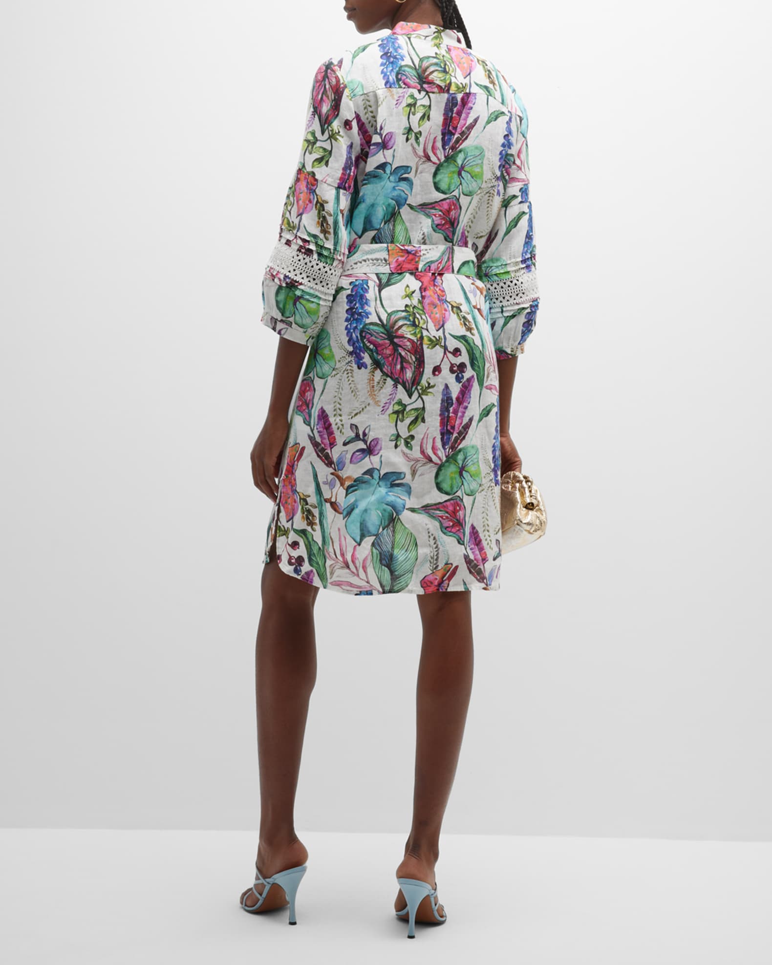 120% Lino Embroidered Botanical-Print Linen Dress | Neiman Marcus