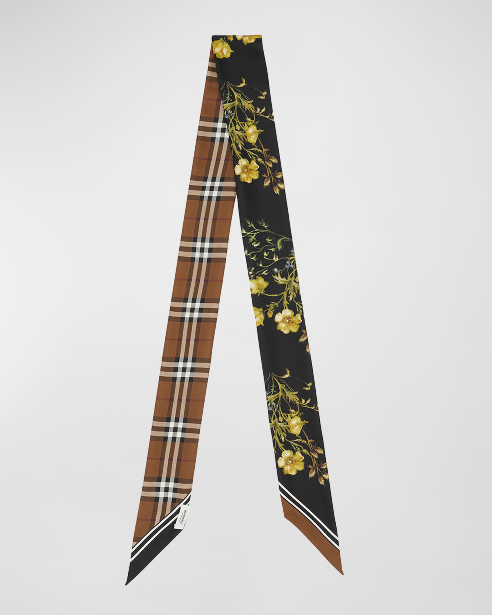 Burberry Floral & Check Reversible Skinny Silk Scarf | Neiman Marcus