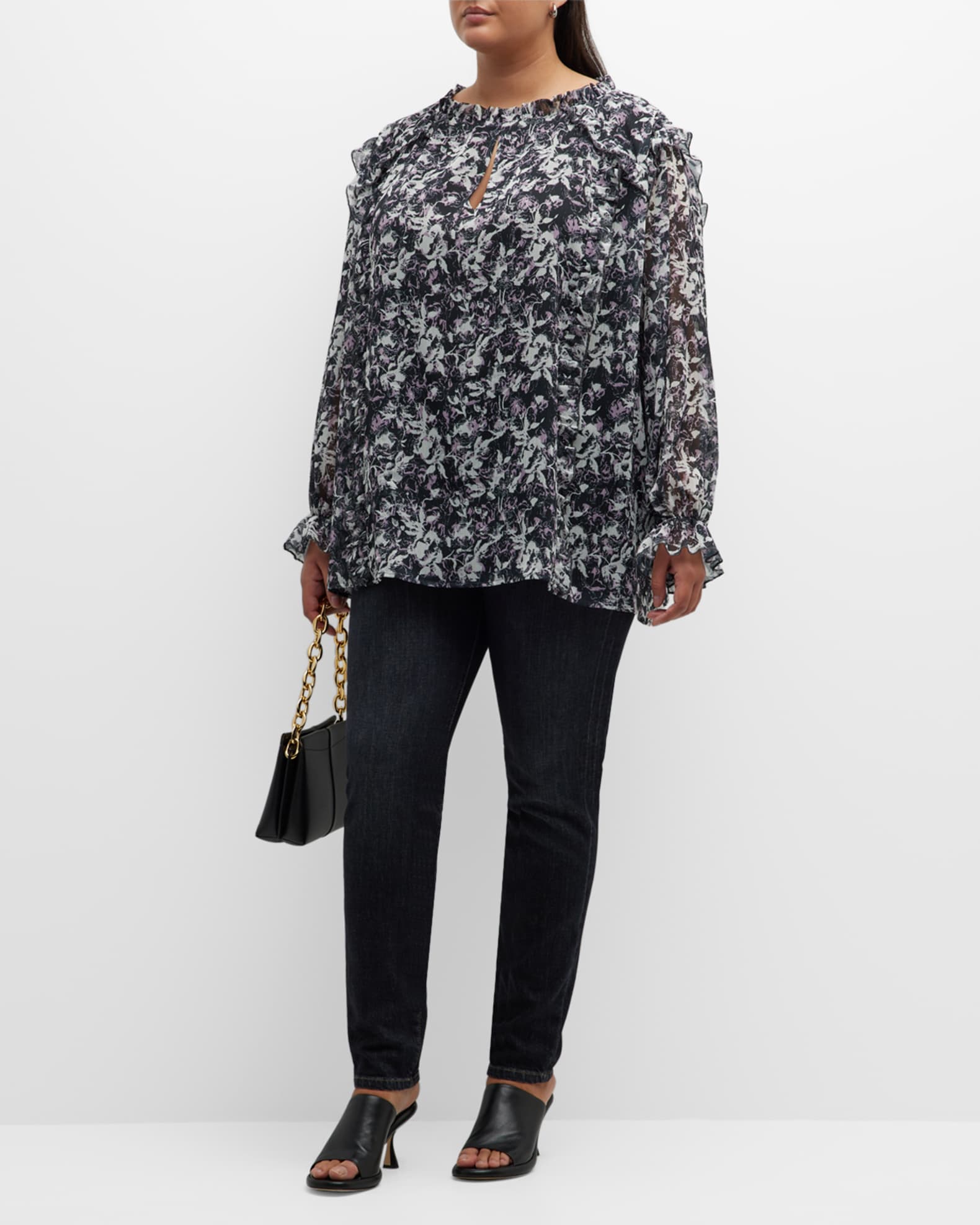 Whitney Morgan Plus Size Floral-Print Ruffle-Trim Blouse | Neiman Marcus