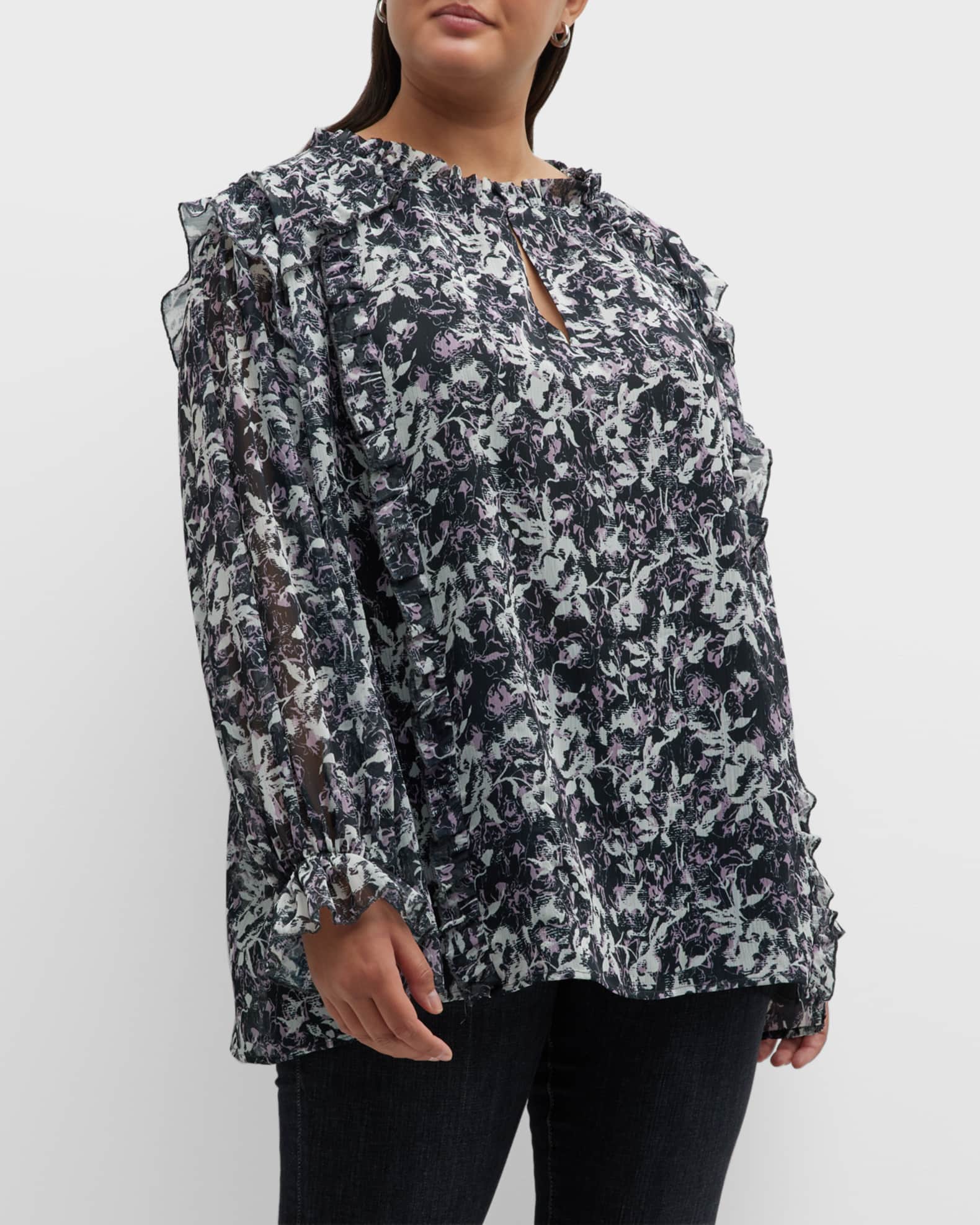Whitney Morgan Plus Size Floral-Print Ruffle-Trim Blouse | Neiman Marcus