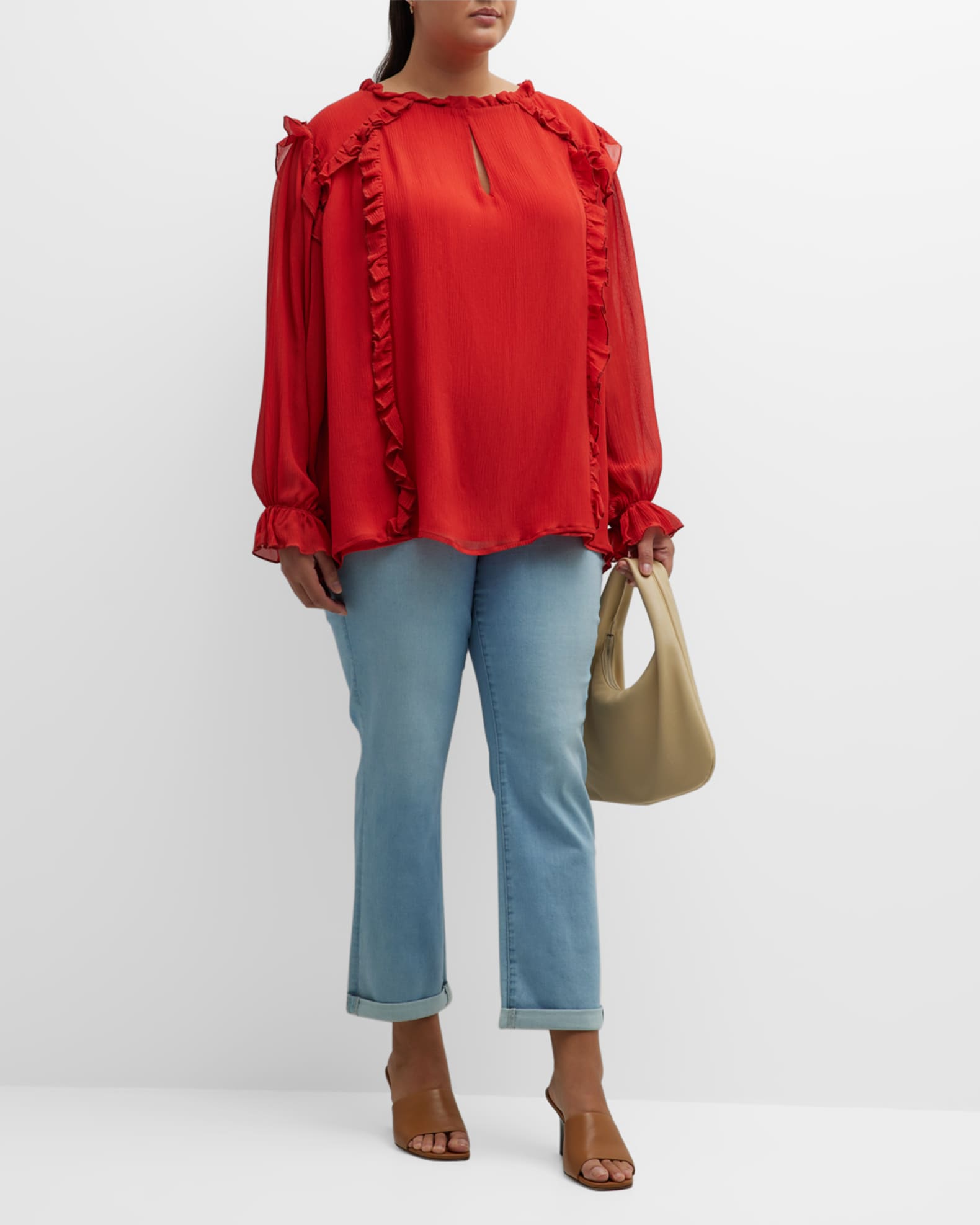 Whitney Morgan Plus Size Ruffle-Trim Blouson-Sleeve Blouse | Neiman Marcus