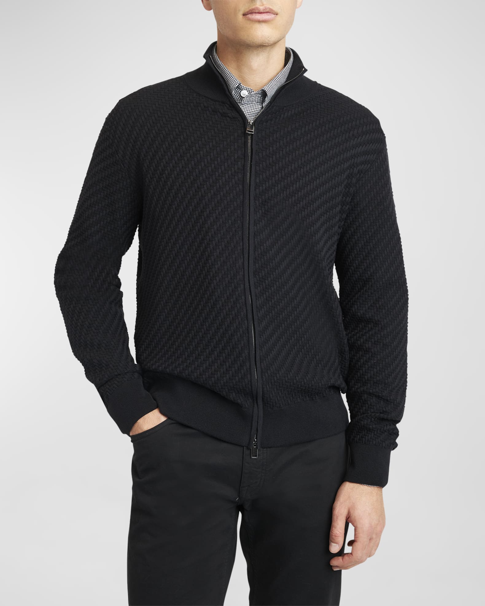 Brioni Men's Basketweave Stitch Full-Zip Sweater | Neiman Marcus