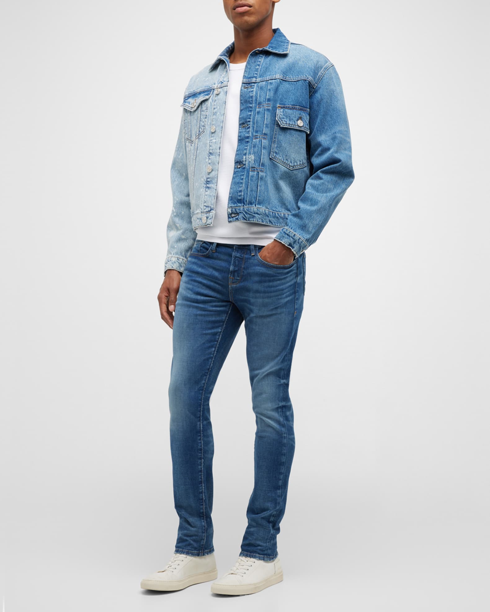 FRAME Men's Colorblock Denim Trucker Jacket | Neiman Marcus