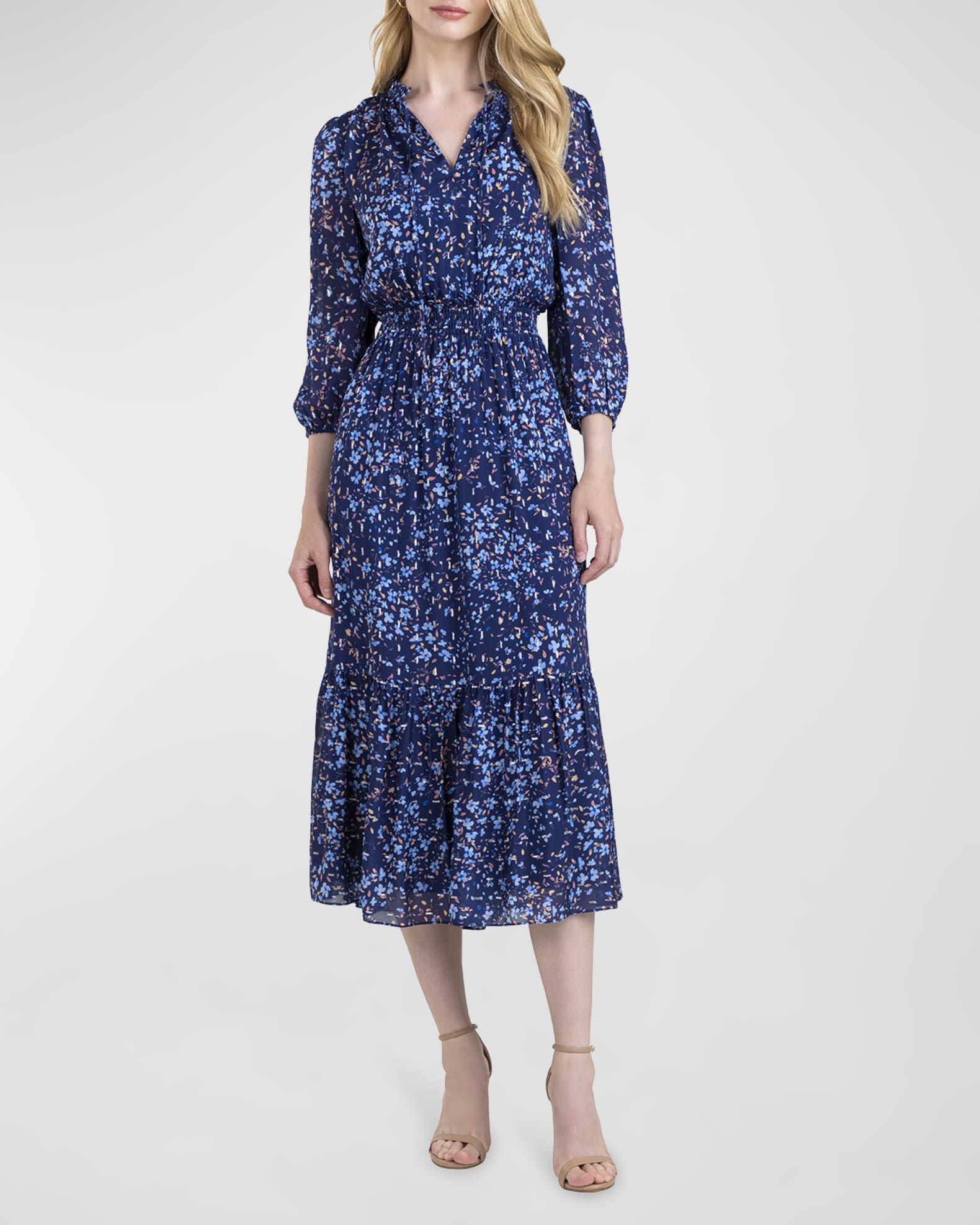 Shoshanna Jaxon Smocked Floral Print Midi Dress Neiman Marcus