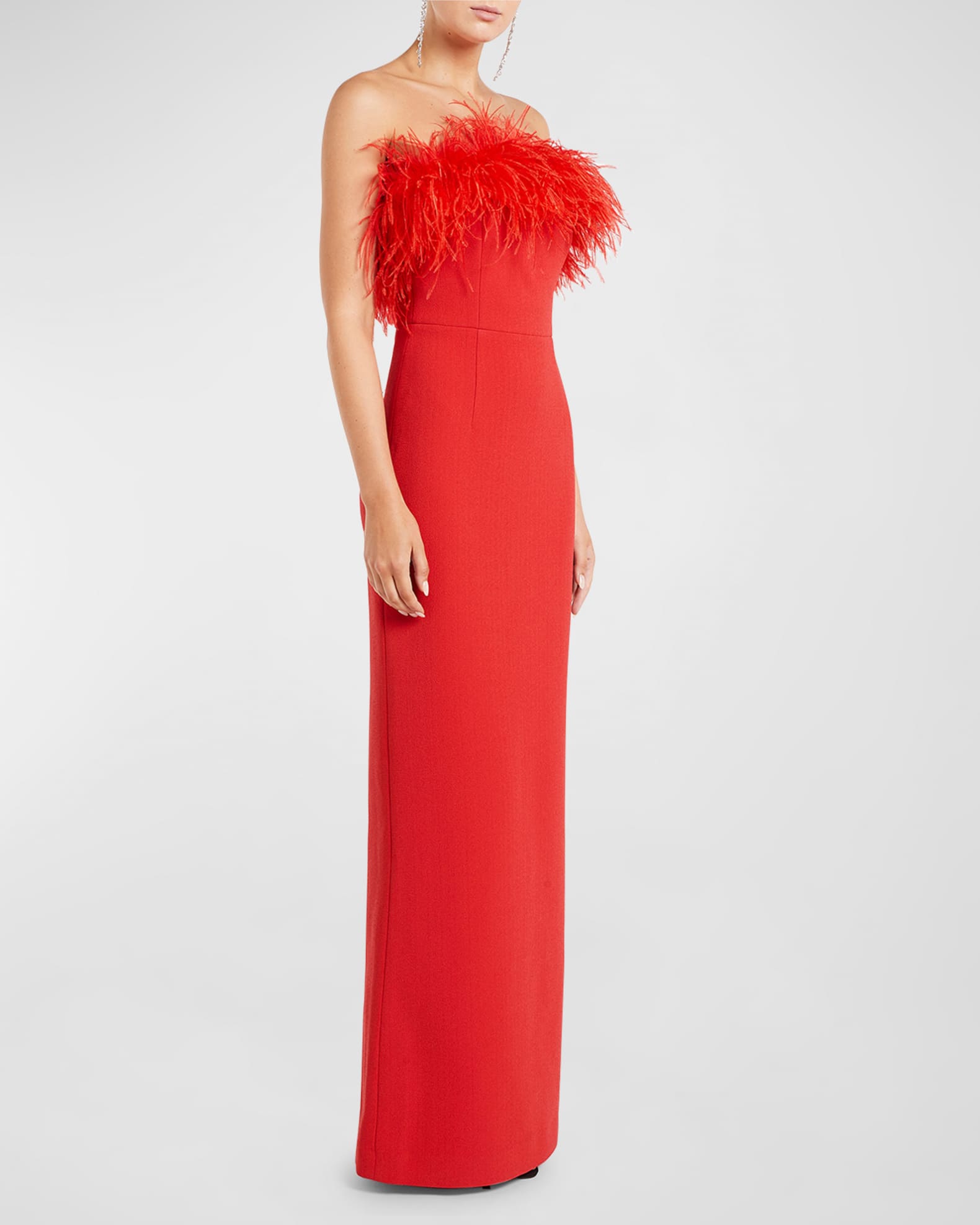 REBECCA VALLANCE Scarlet Strapless Feather-Trim Gown | Neiman Marcus