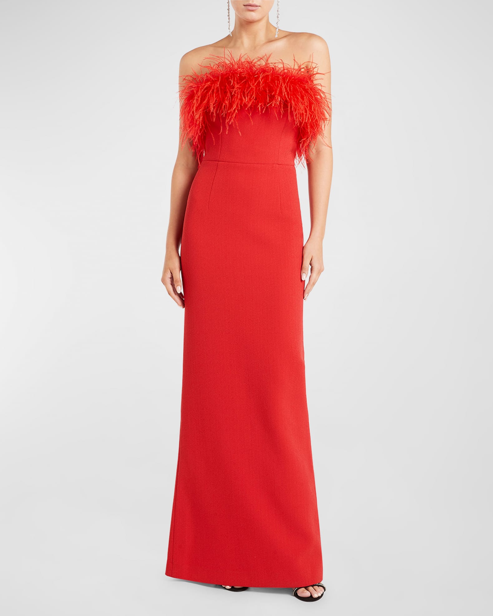 REBECCA VALLANCE Scarlet Strapless Feather-Trim Gown | Neiman Marcus