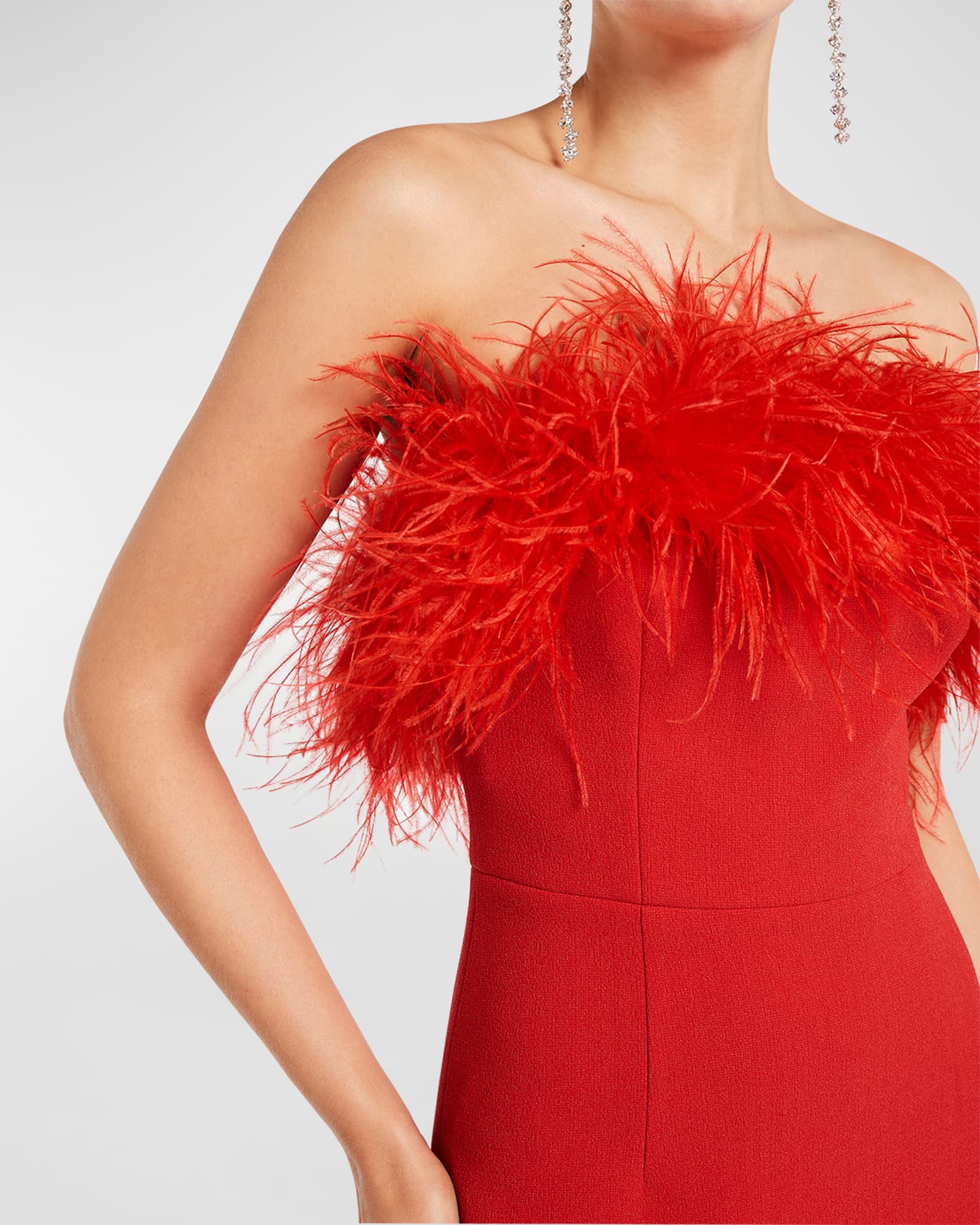 REBECCA VALLANCE Scarlet Strapless Feather-Trim Gown | Neiman Marcus