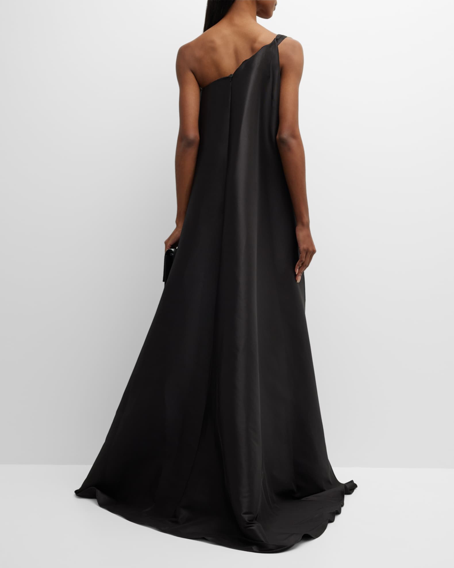 Jovani One-Shoulder Pleated A-Line Cape Gown | Neiman Marcus