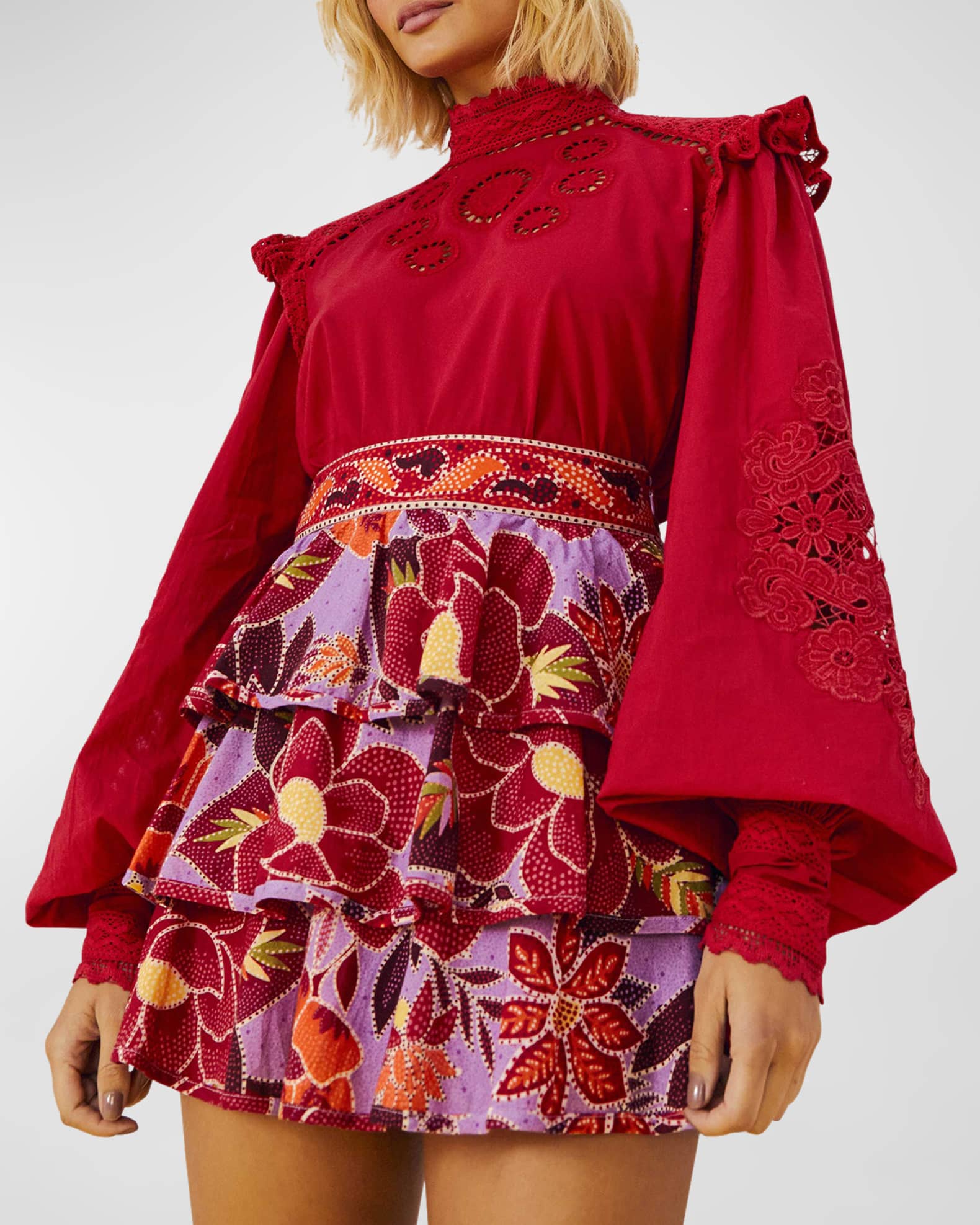 Farm Rio Sweet Floral Tiered Ruffle Mini Skirt | Neiman Marcus