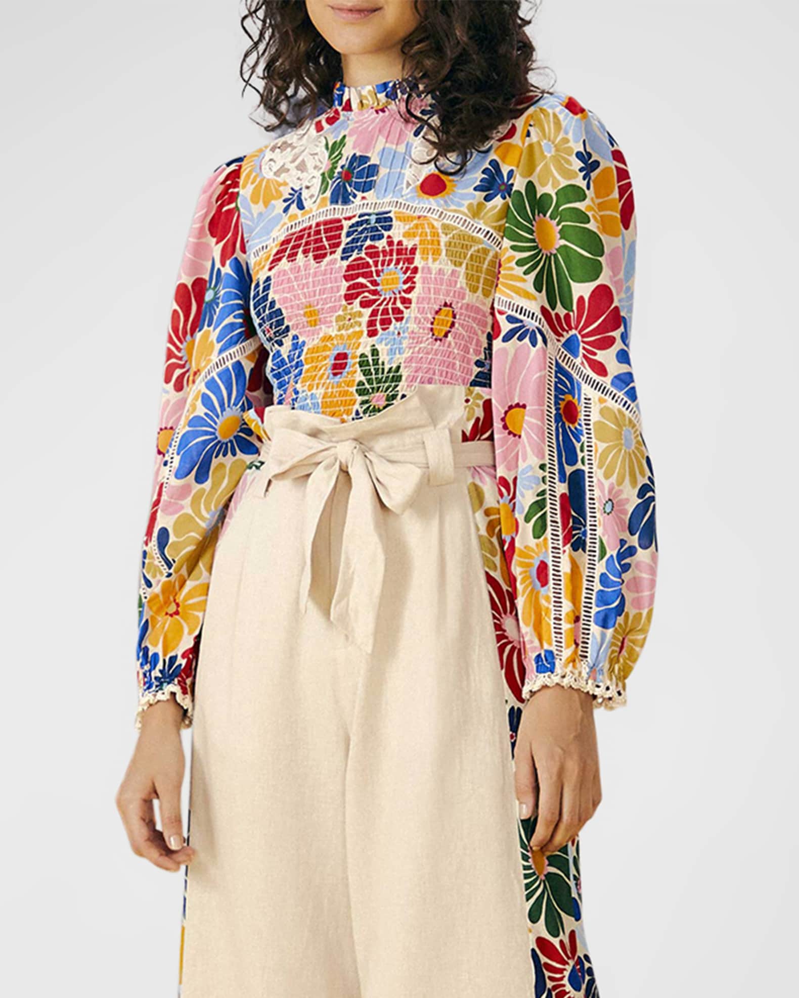 Farm Rio Sunny Daisies Smocked Ruffle-Hem Blouse | Neiman Marcus