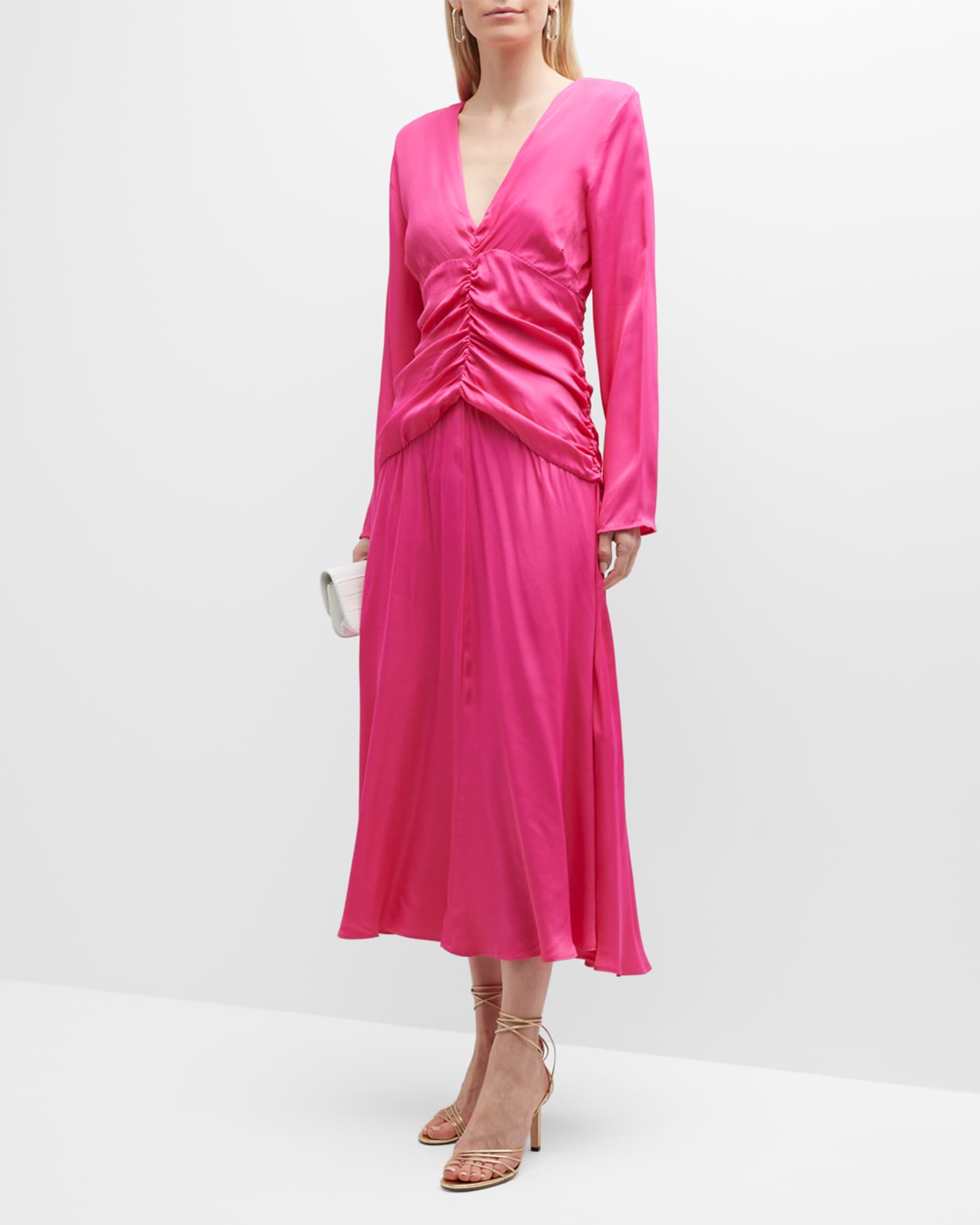 Farm Rio Long-Sleeve Ruched-Waist Midi Dress | Neiman Marcus