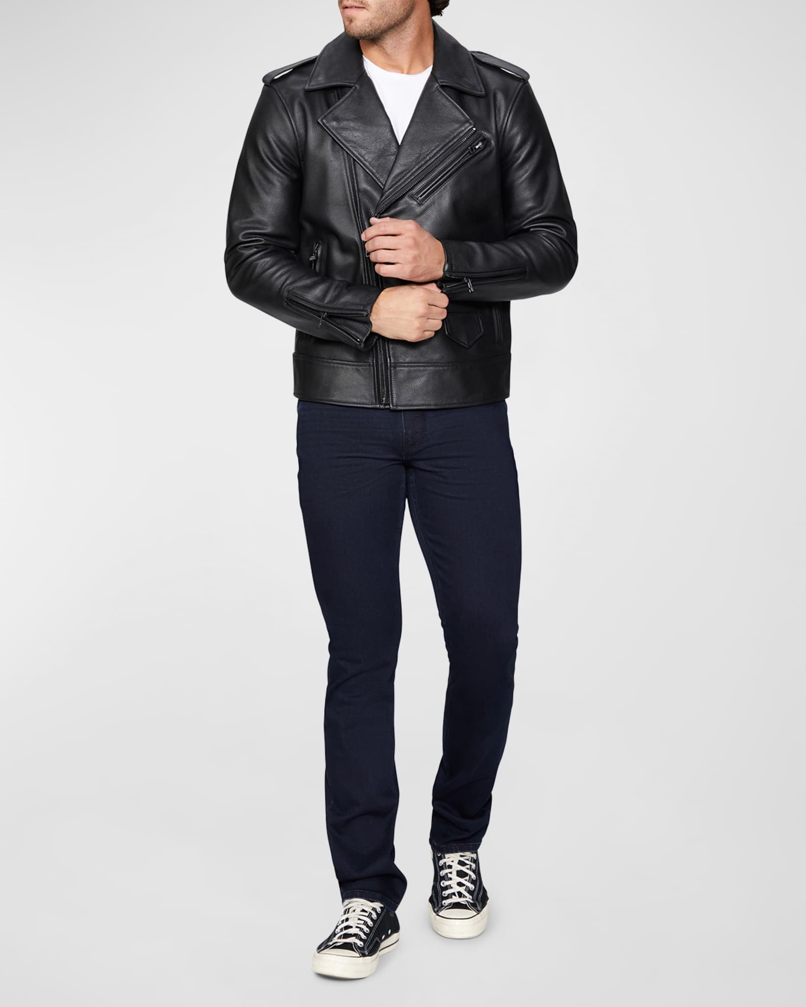 PAIGE Men's Newsom Pebbled Leather Moto Jacket | Neiman Marcus
