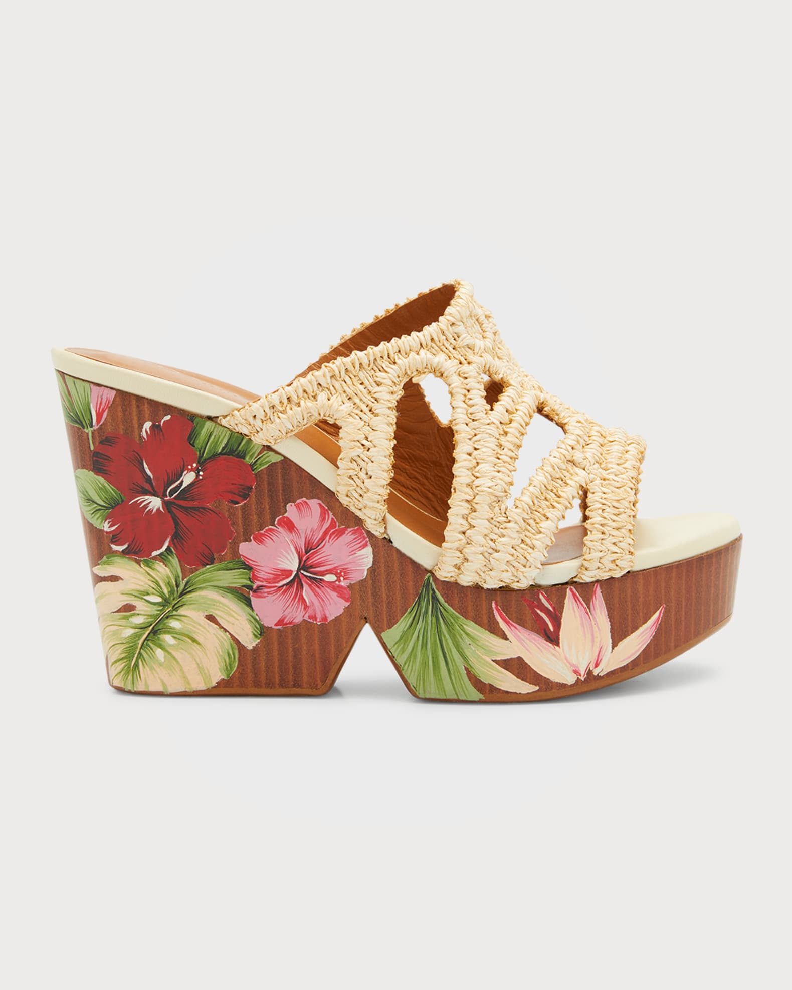 Clergerie Paris Delila Flower-Print Raffia Platform Sandals | Neiman Marcus