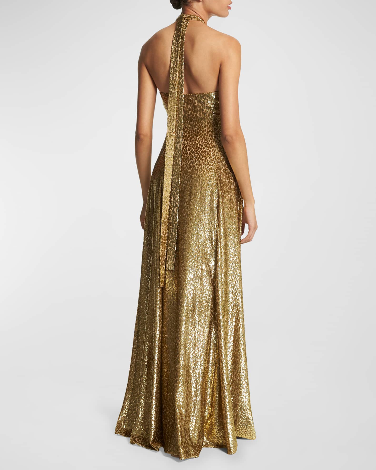 Michael Kors Collection Cheetah Metallic Fil Coupe Halter Gown | Neiman ...