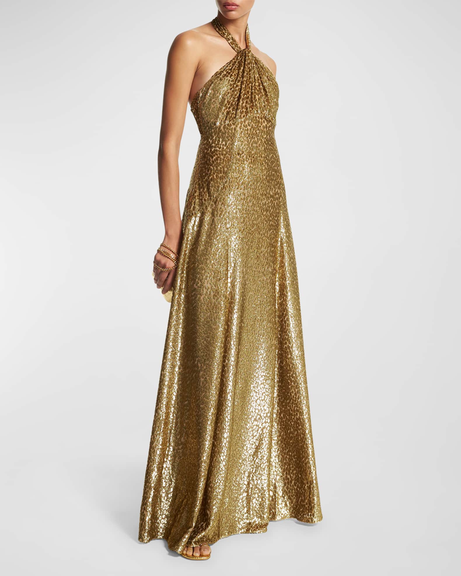 Michael Kors Collection Cheetah Metallic Fil Coupe Halter Gown | Neiman ...