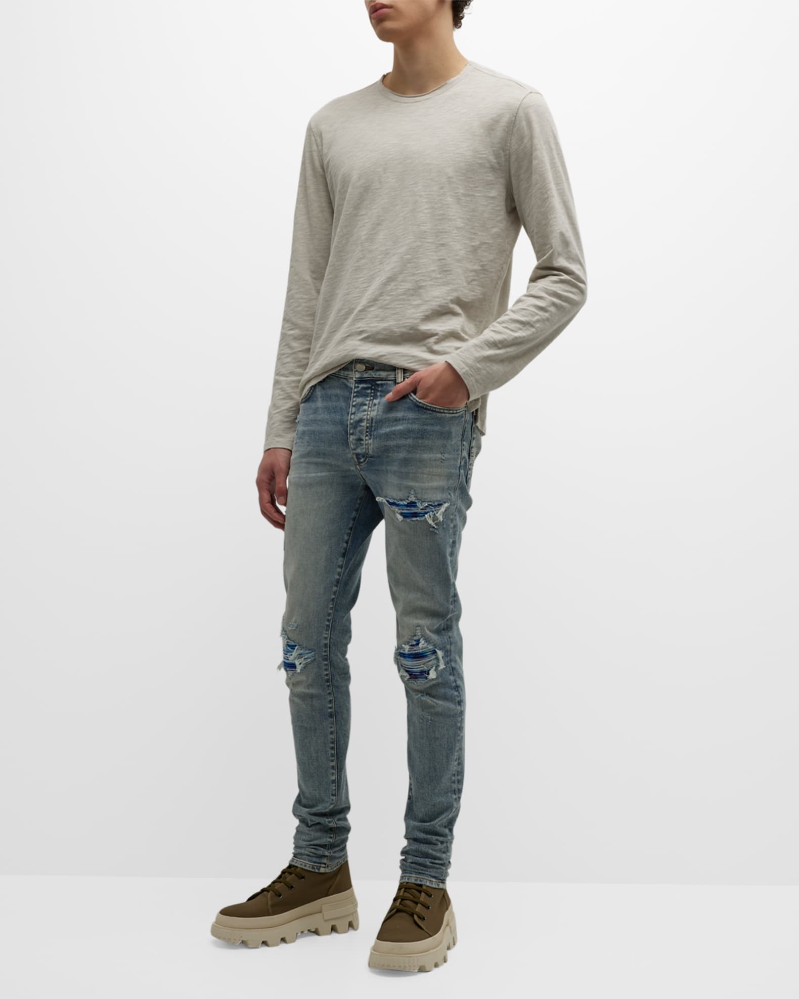 Amiri Men's Destroyed Tie-Dye Patch Skinny Jeans | Neiman Marcus