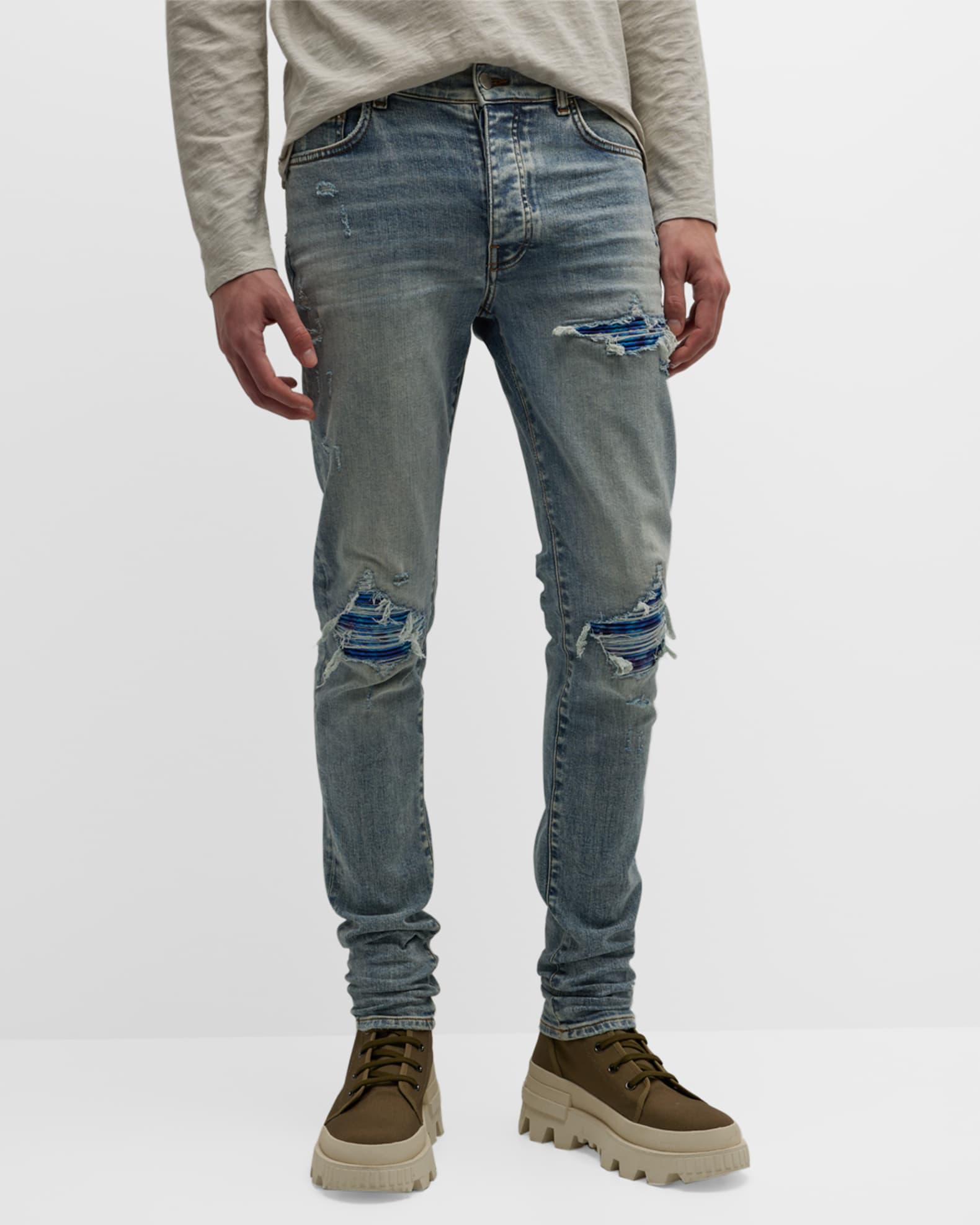Amiri Men's Destroyed Tie-Dye Patch Skinny Jeans | Neiman Marcus