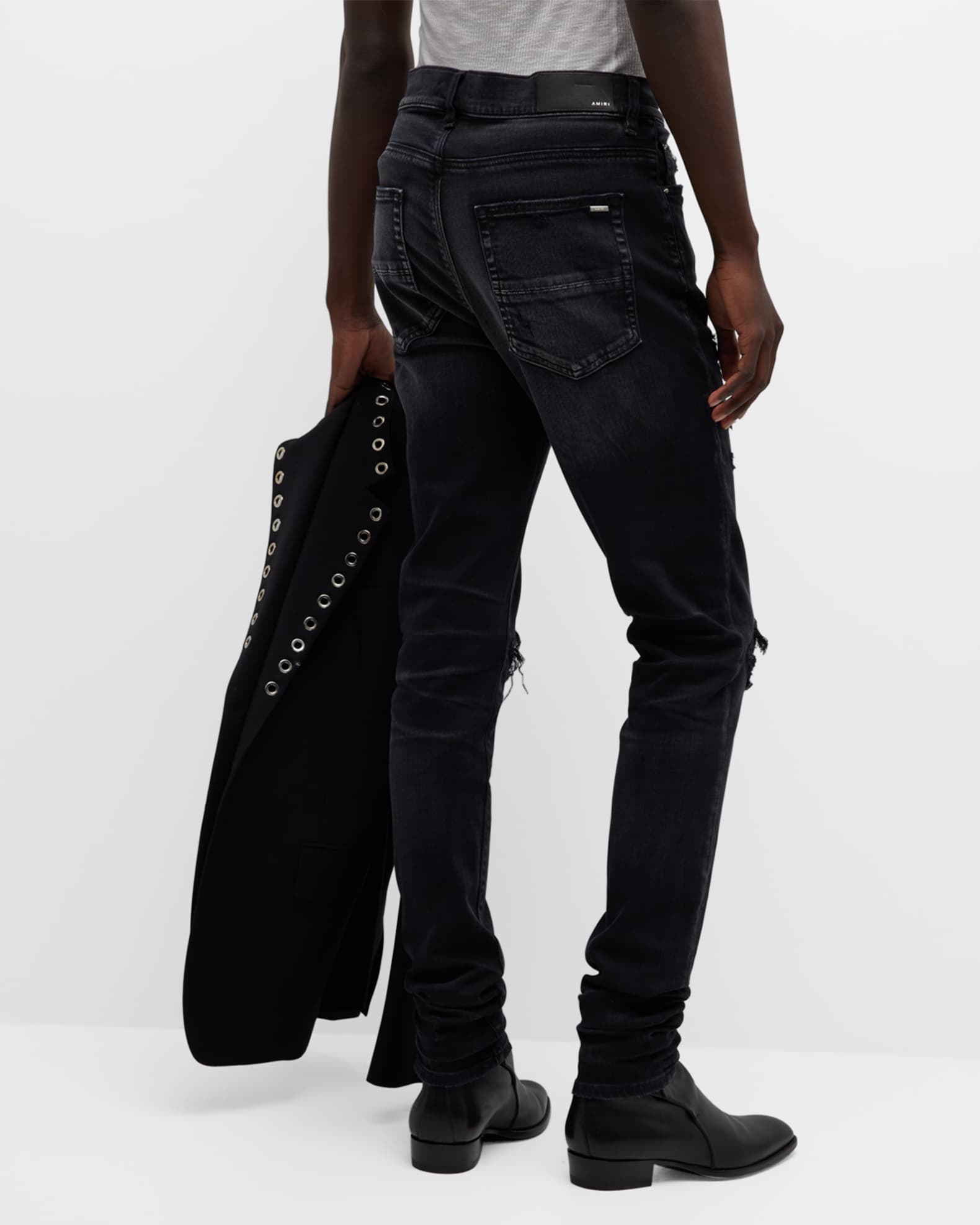 Amiri Men's MX1 Boucle-Patch Destroyed Skinny Jeans | Neiman Marcus