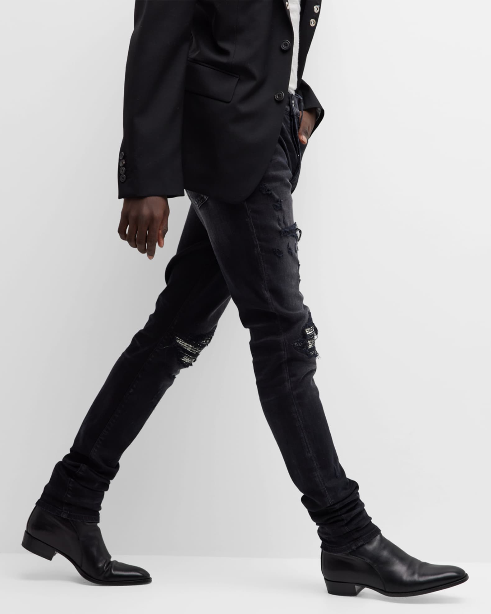 Amiri Men's MX1 Boucle-Patch Destroyed Skinny Jeans | Neiman Marcus